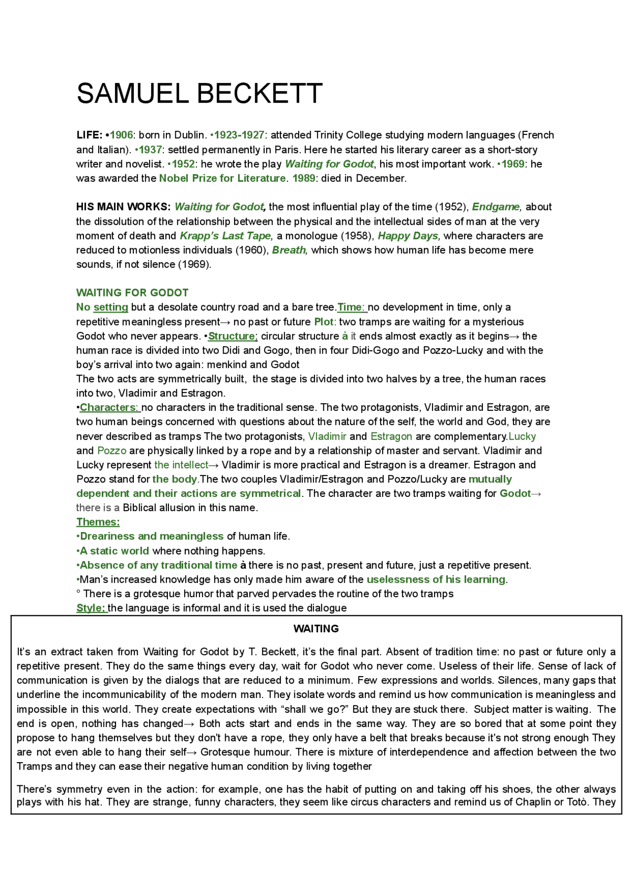 SAMUEL BECKETT (vita e opere) - Docsity