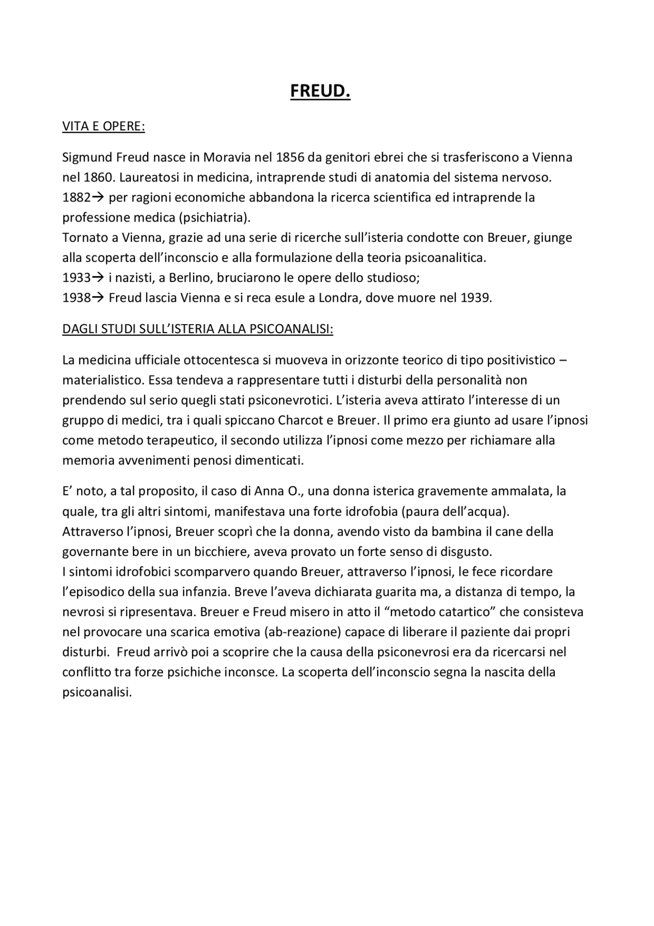 Freud Vita E Opere Per Liceo Classico Filosofia Docsity