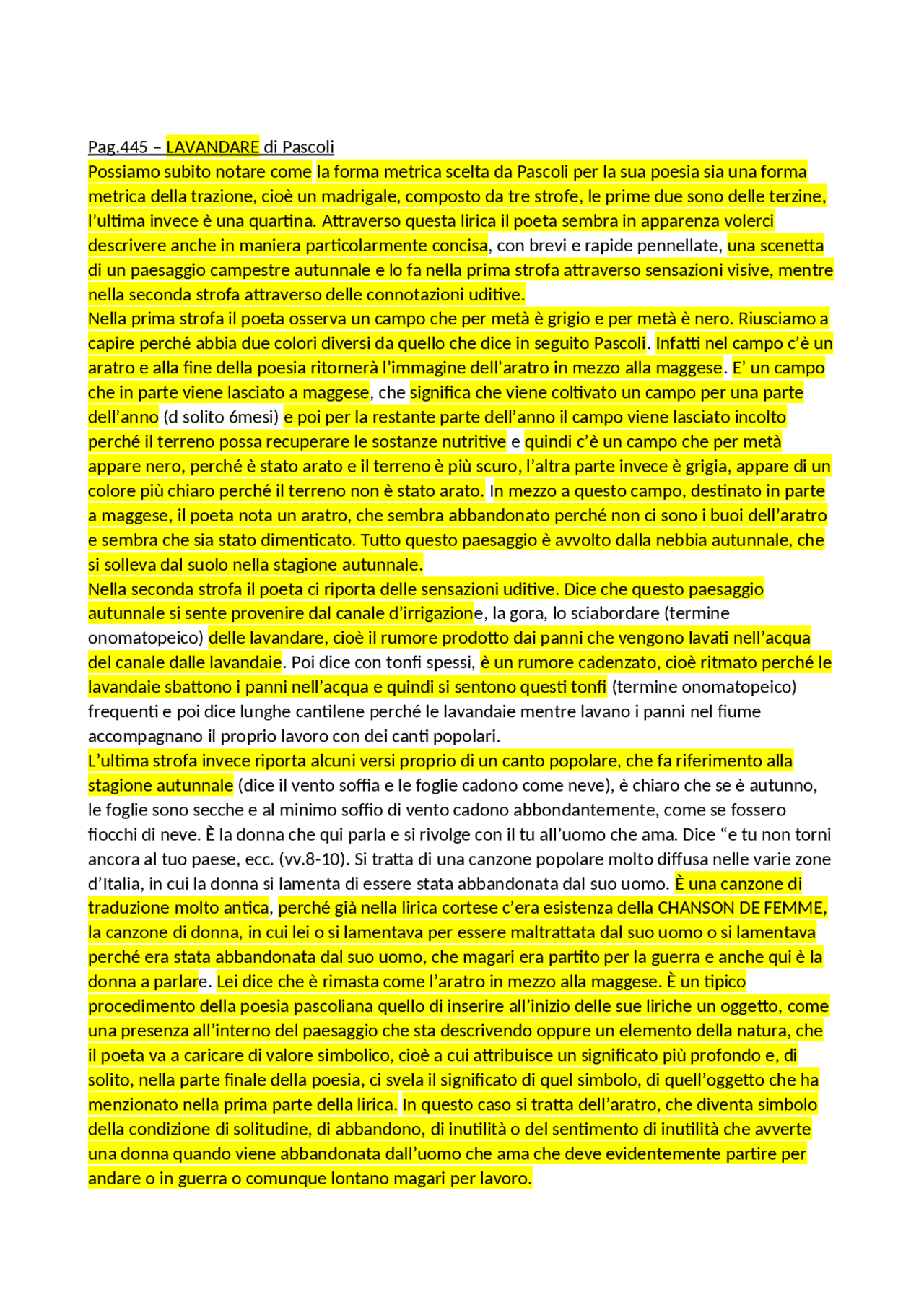 "Lavandare", di Giovanni Pascoli | Notes de Italien | Docsity