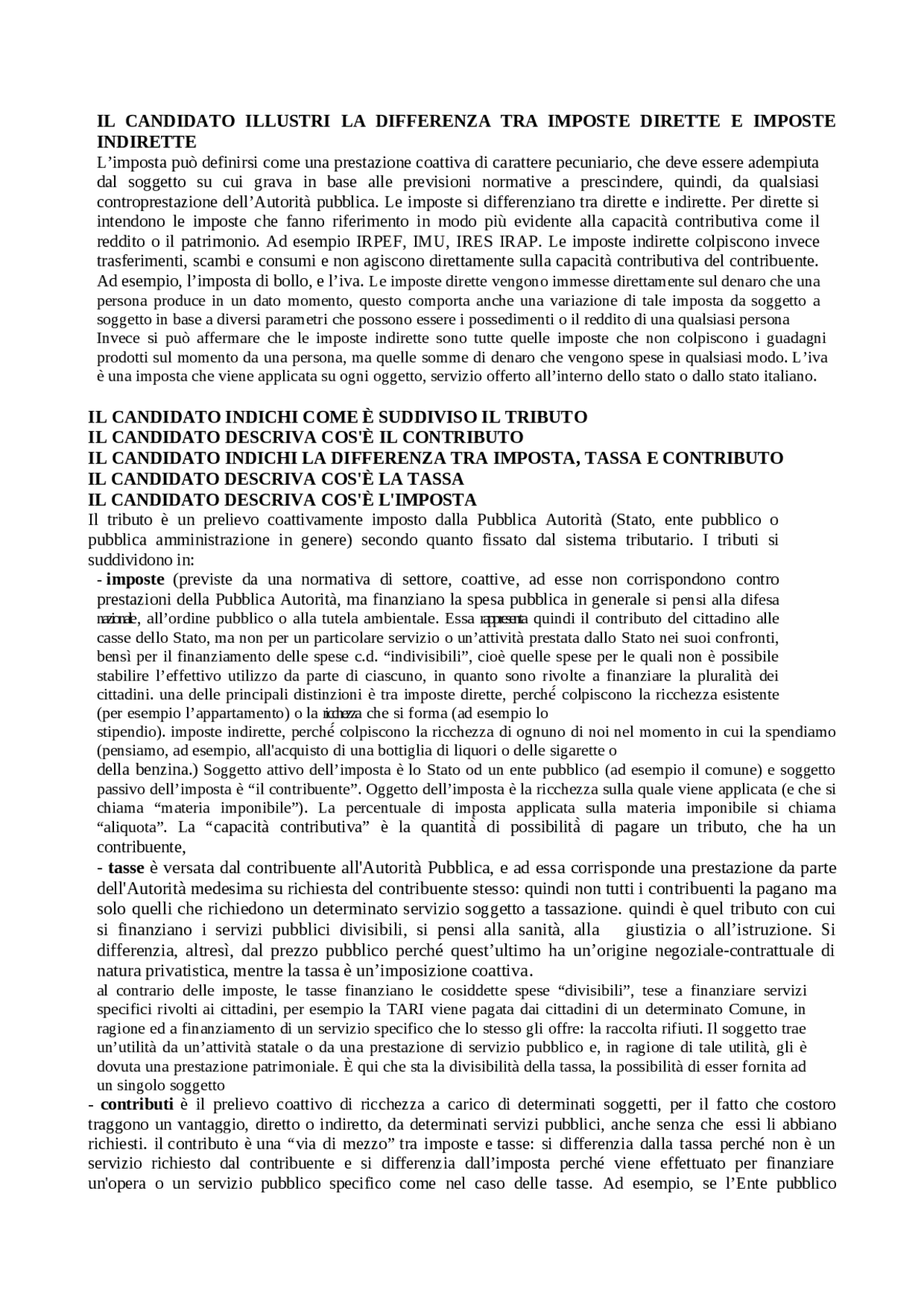 PANIERE RISPOSTE APERTE DIRITTO TRIBUTARIO E-CAMPUS AGGIORNATE 2020/2021 - Docsity