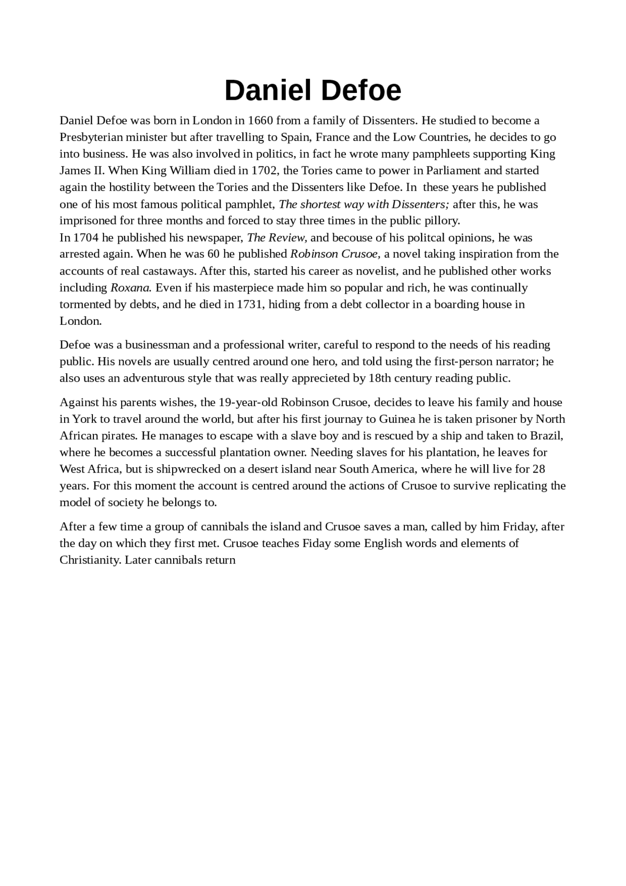 Letteratura Inglese Daniel Defoe E Jonathan Swift Docsity