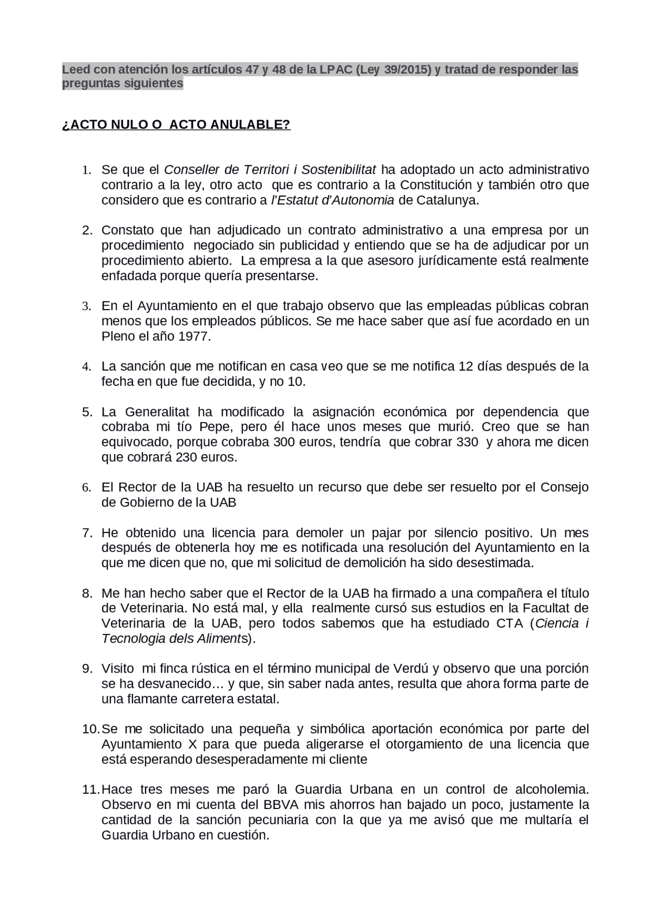 ACTO NULO/ACTO ANULABLE | Ejercicios de Derecho Administrativo | Docsity