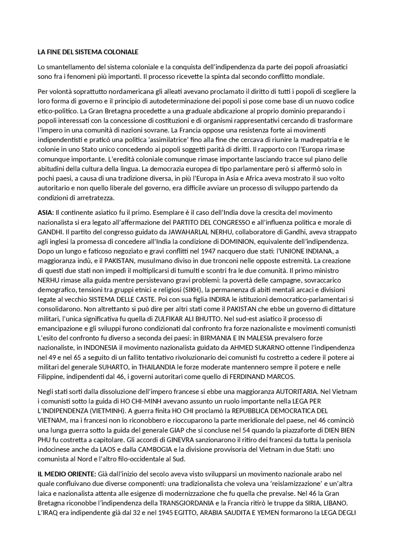 La fine del sistema coloniale - Docsity