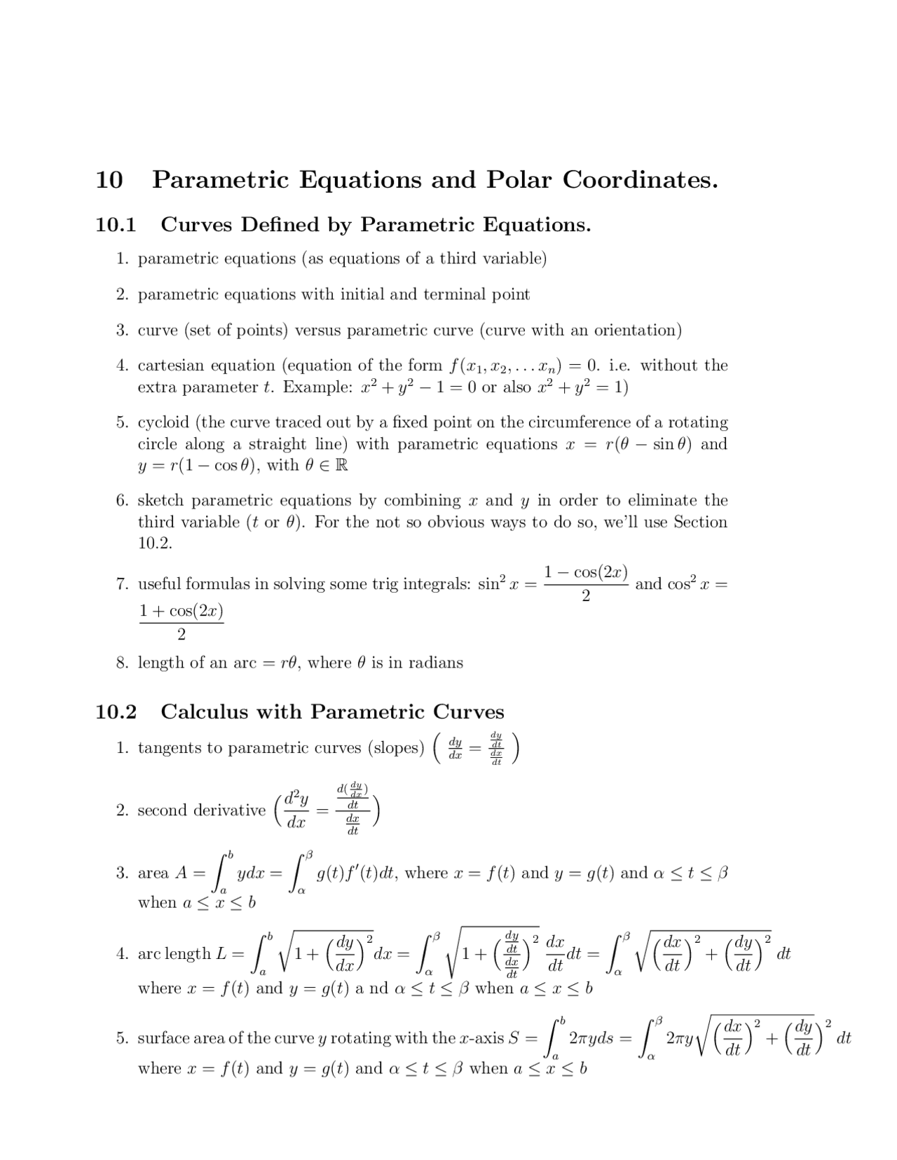 Parametric Equations And Polar Coordinates Summary Sheet Cheat Sheet