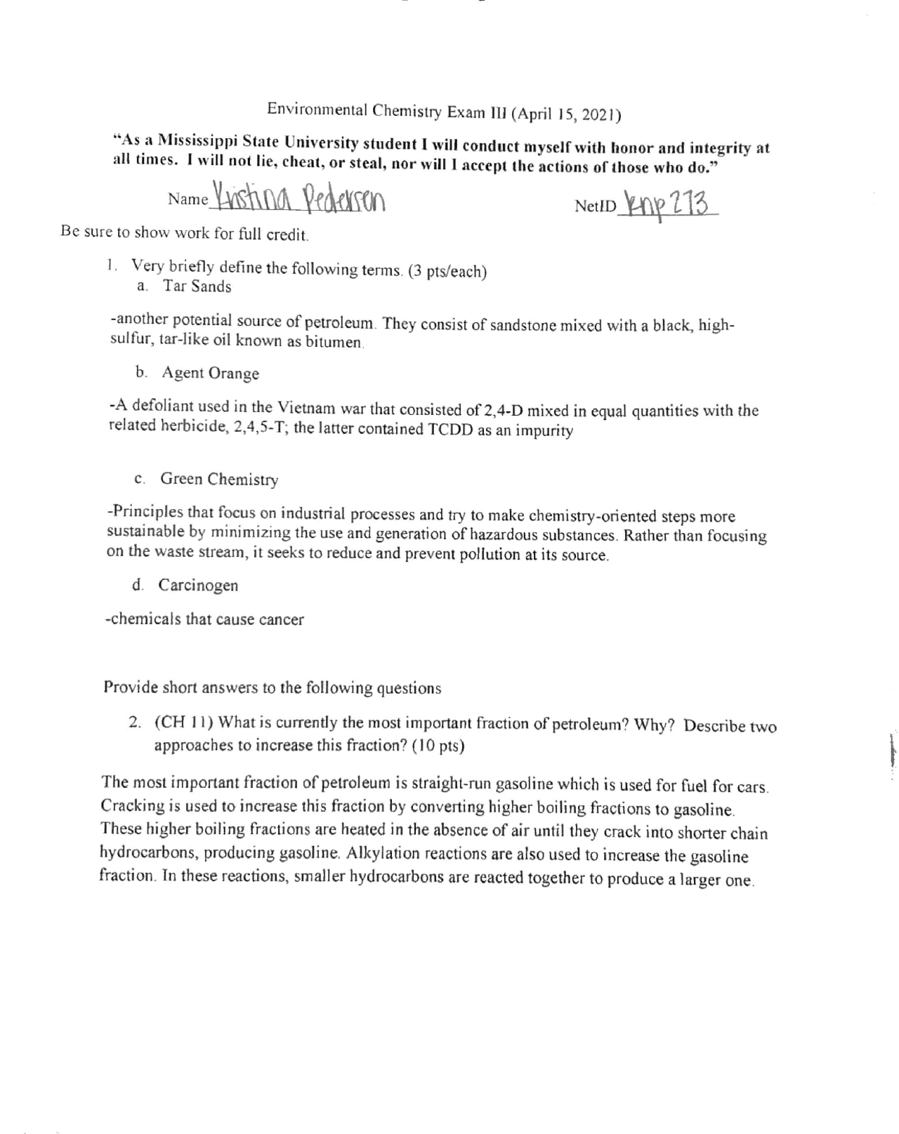 Exam 3 Environmental Chemistry Todd Mlsna Docsity