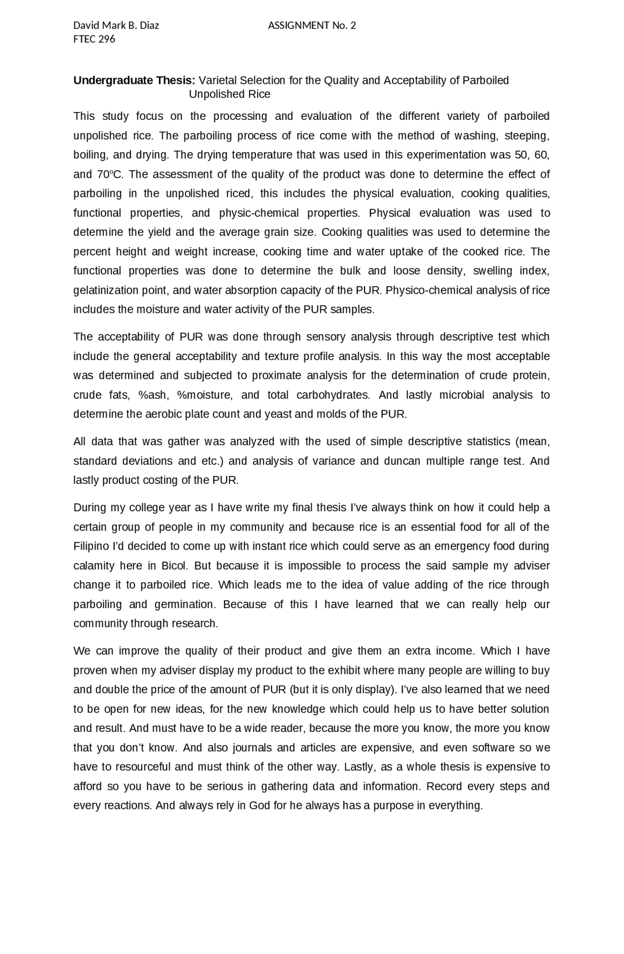 Assignment In The Statistics Only Docsity