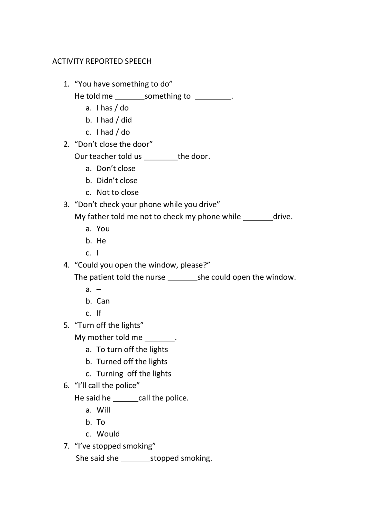Reported Speech Ejercicios Docsity