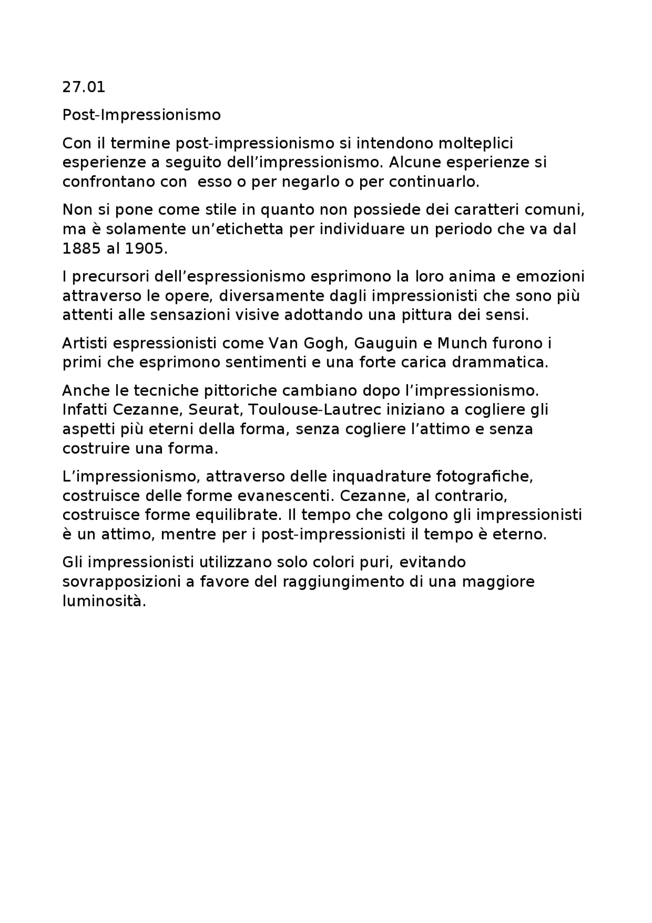 Il Post Impressionismo Docsity