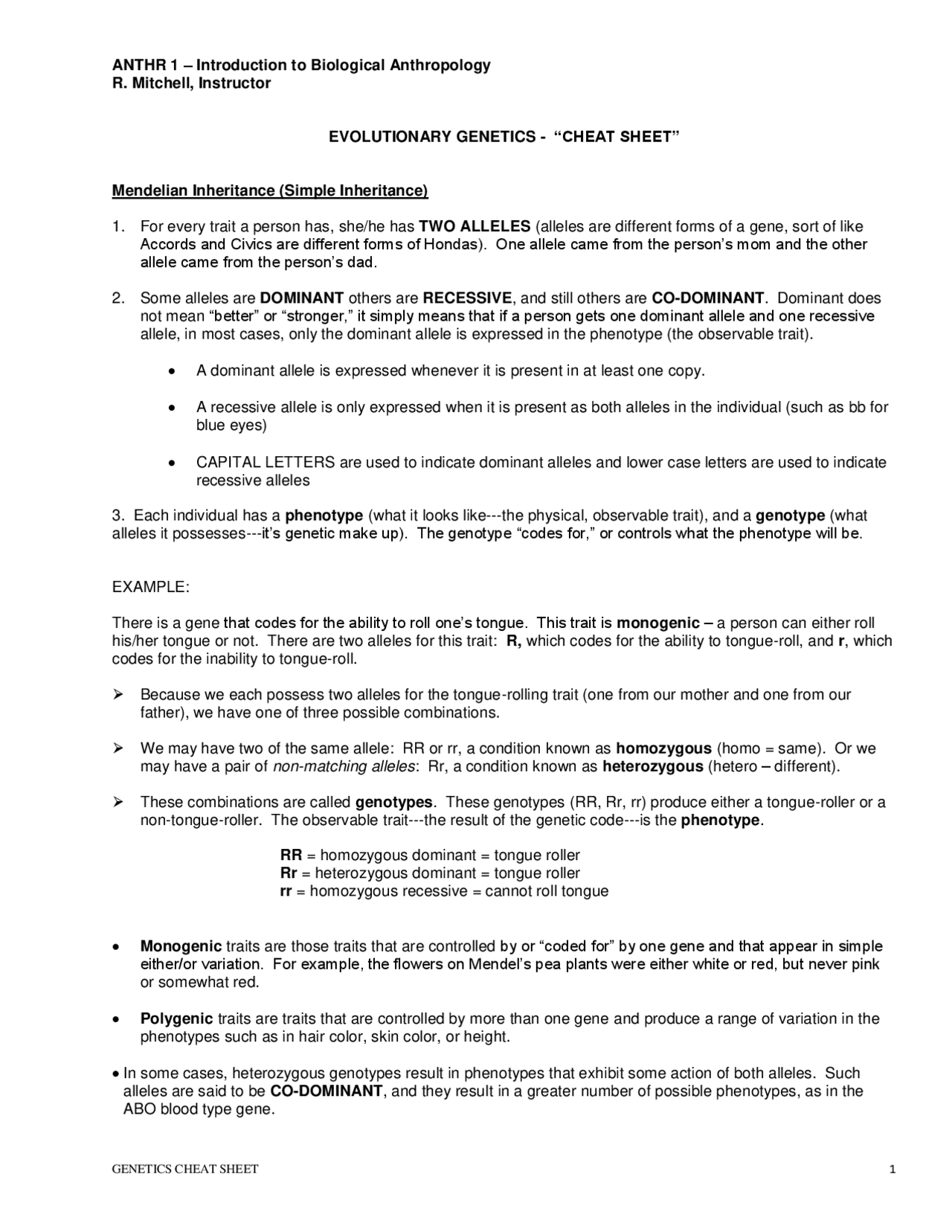 Genetics Cheat Sheet - Introduction to Biological Anthropology | Cheat ...