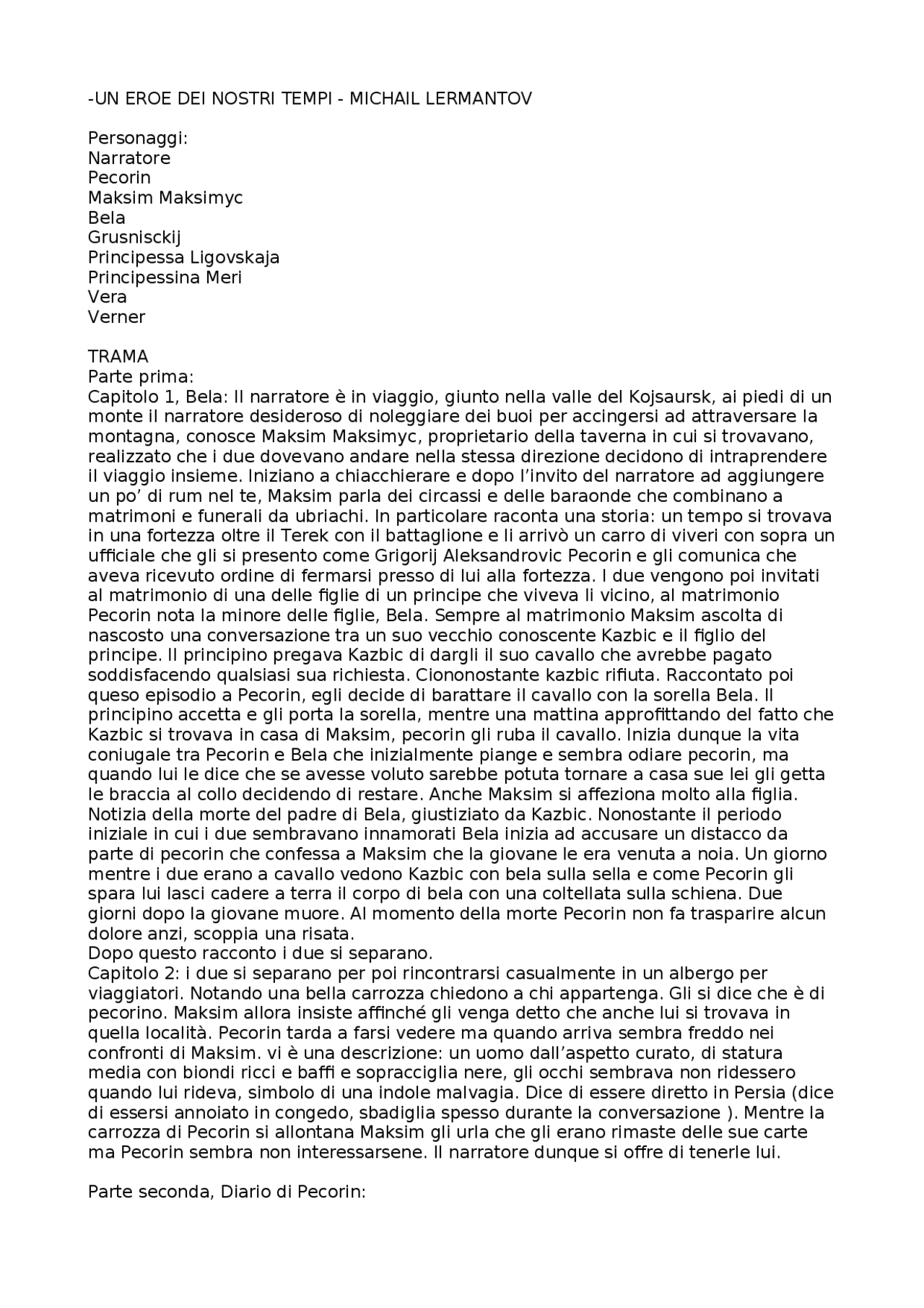 Riassunto Un Eroe Del Nostro Tempo Lermontov Docsity