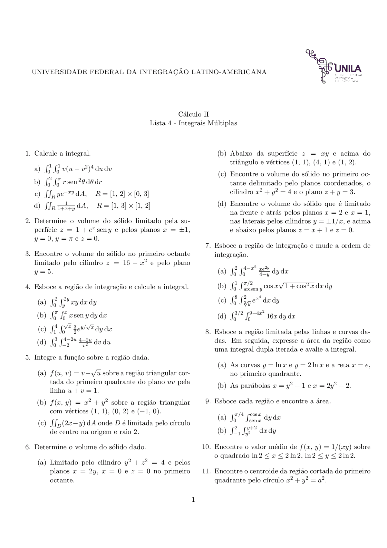 Listas De Cálculo 2 Com Variados Exercícios Docsity