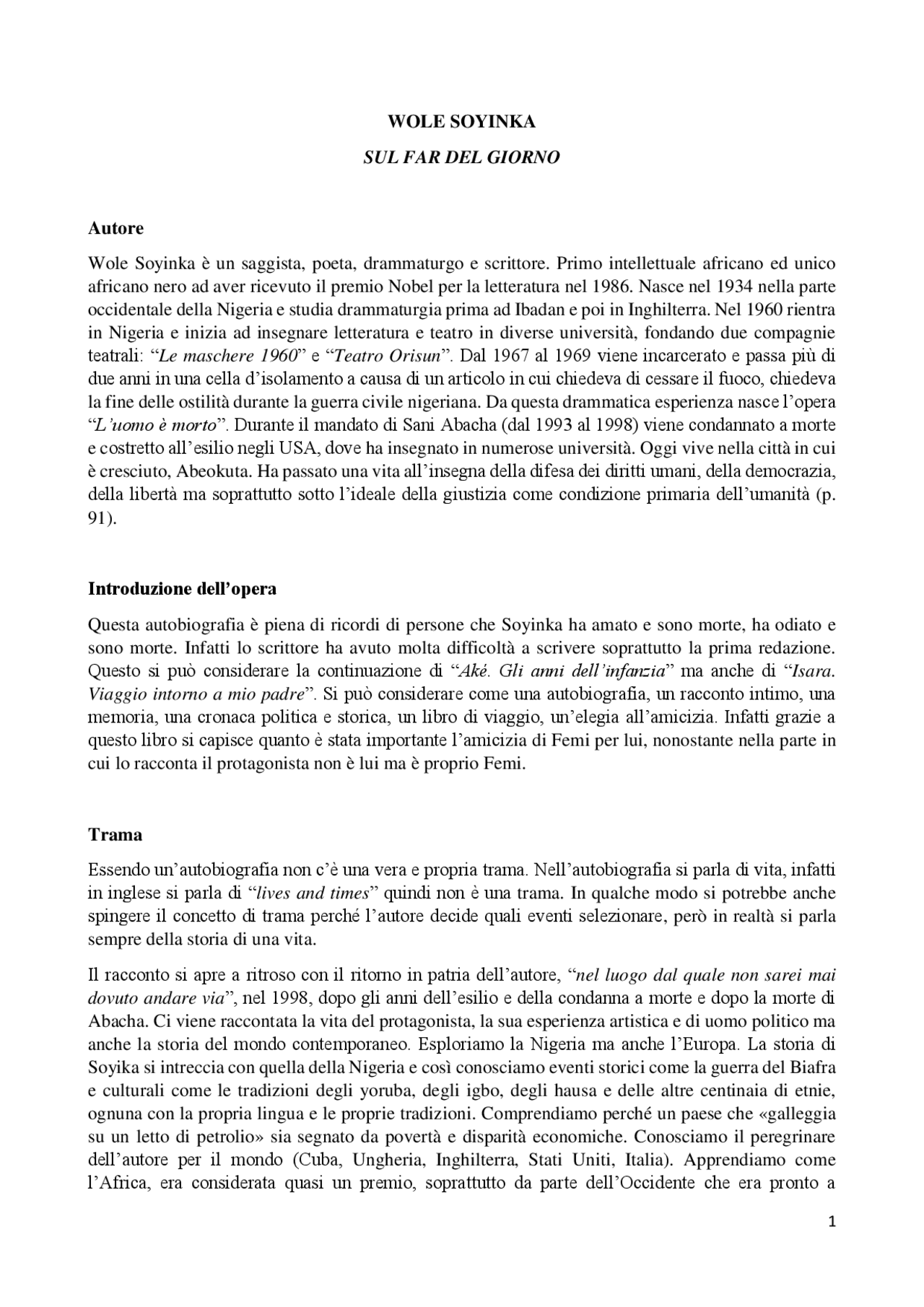 Analisi dei primi capitoli di "Sul far del giorno" di Wole Soyinka ...