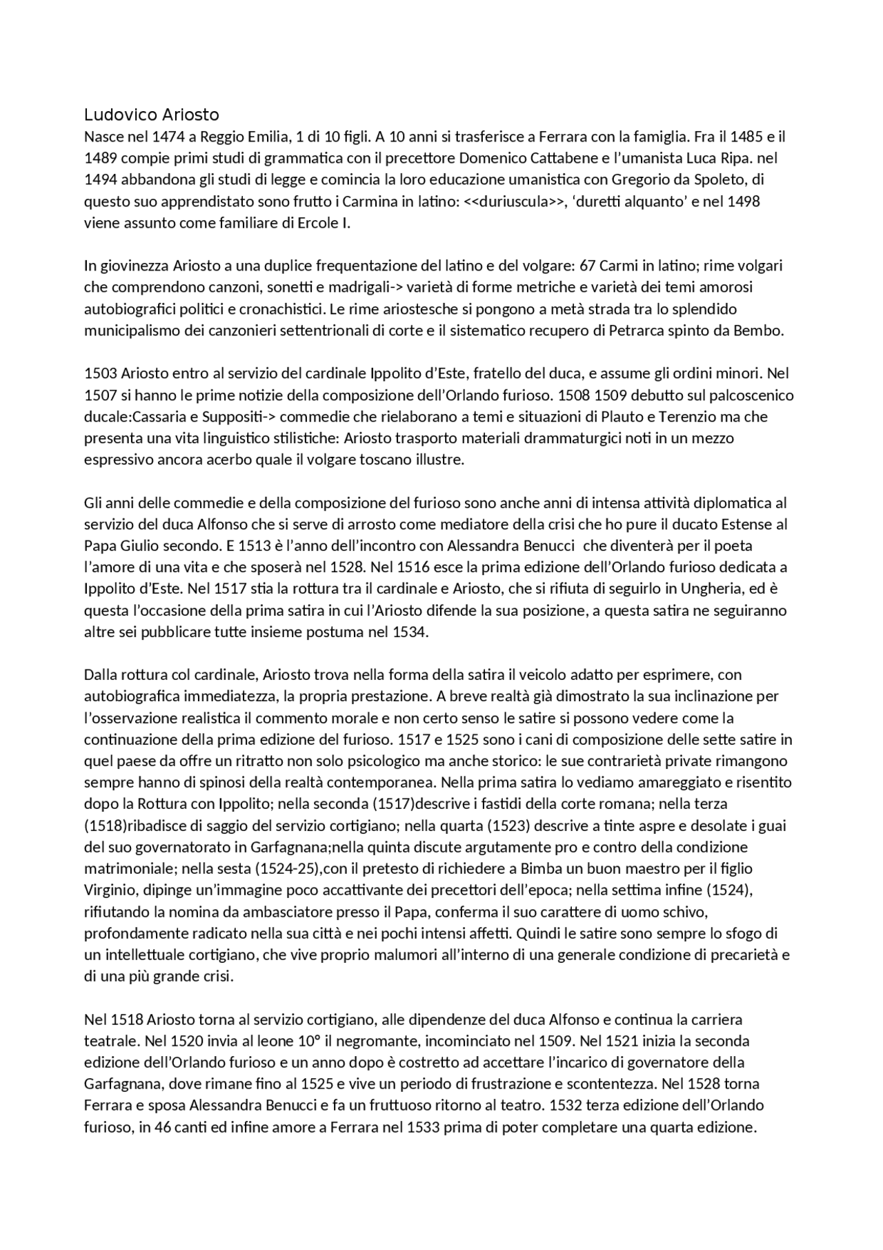 Vita e opere di Ariosto - Docsity