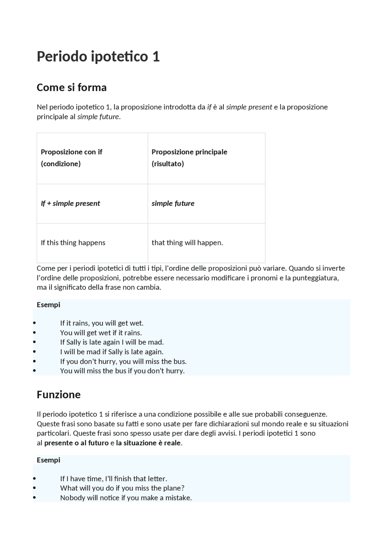 If Clauses Type One Periodo Ipotetico Tipo 1 Docsity