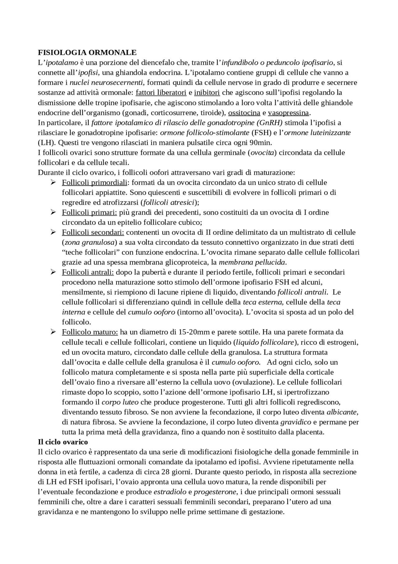 Ciclo Ovarico Facoltà Di Ostetricia Docsity
