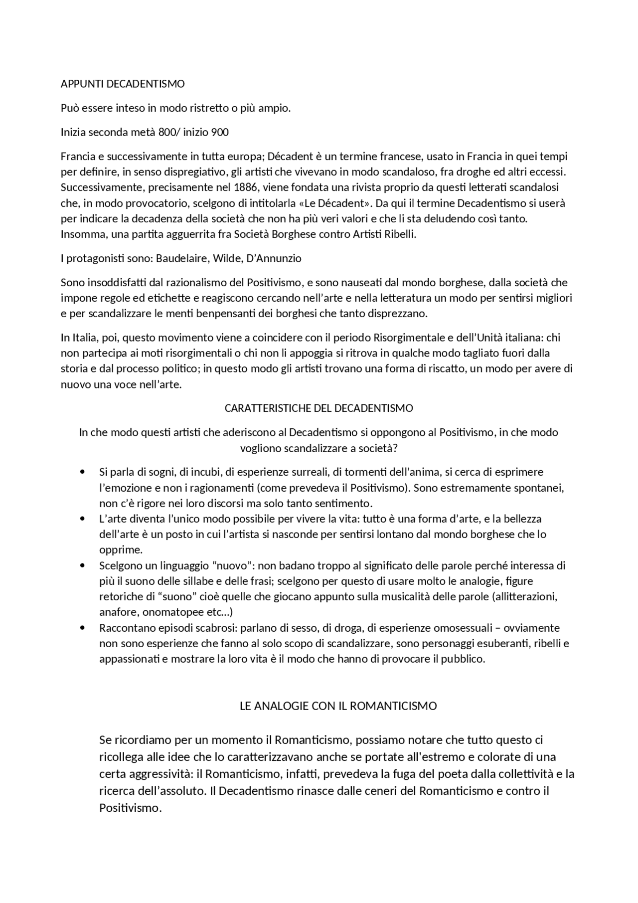 Appunti Schematizzati E Concisi Del Decadentismo Docsity
