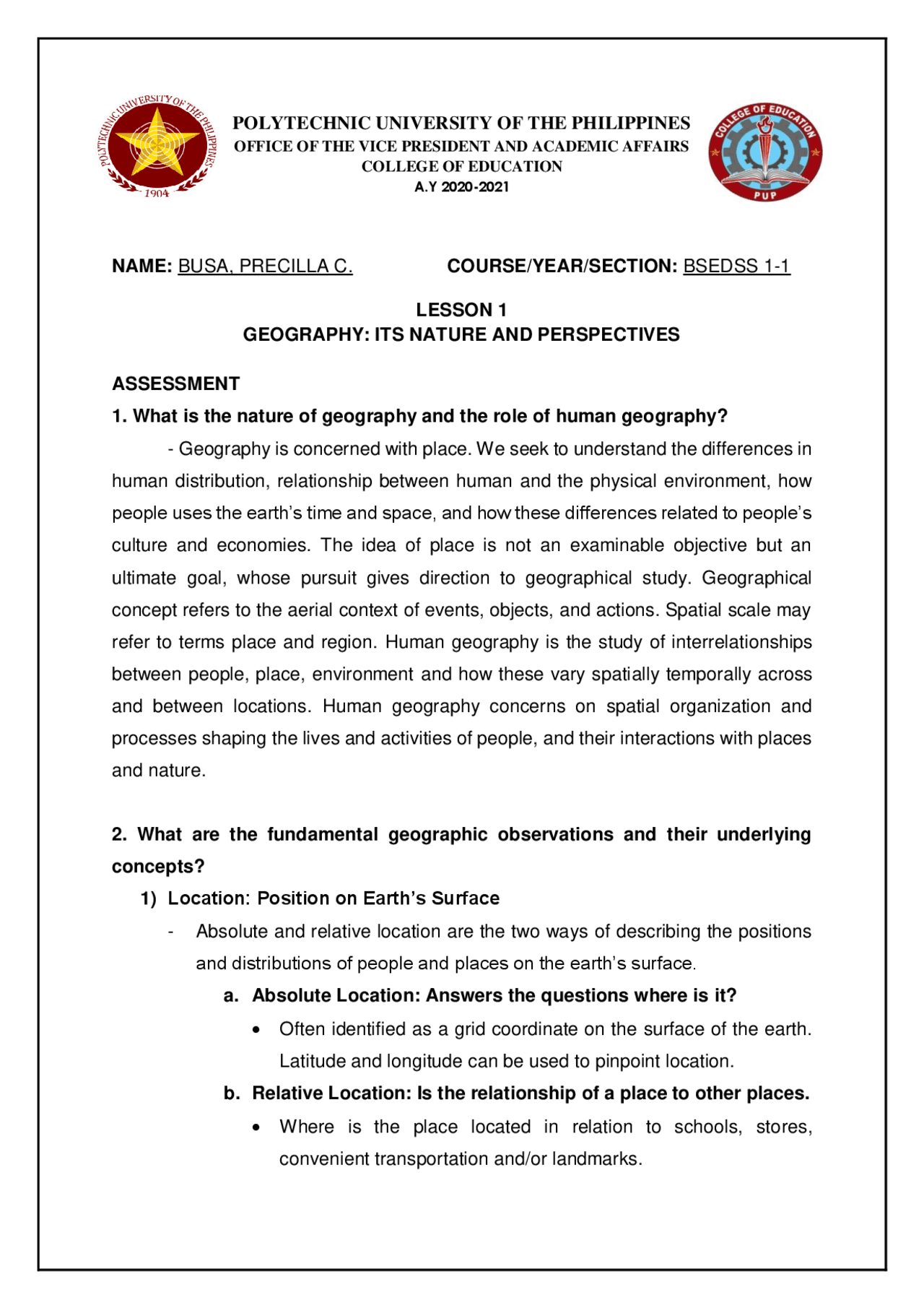 Human Geography Activities | Assignments Human Geography - Docsity