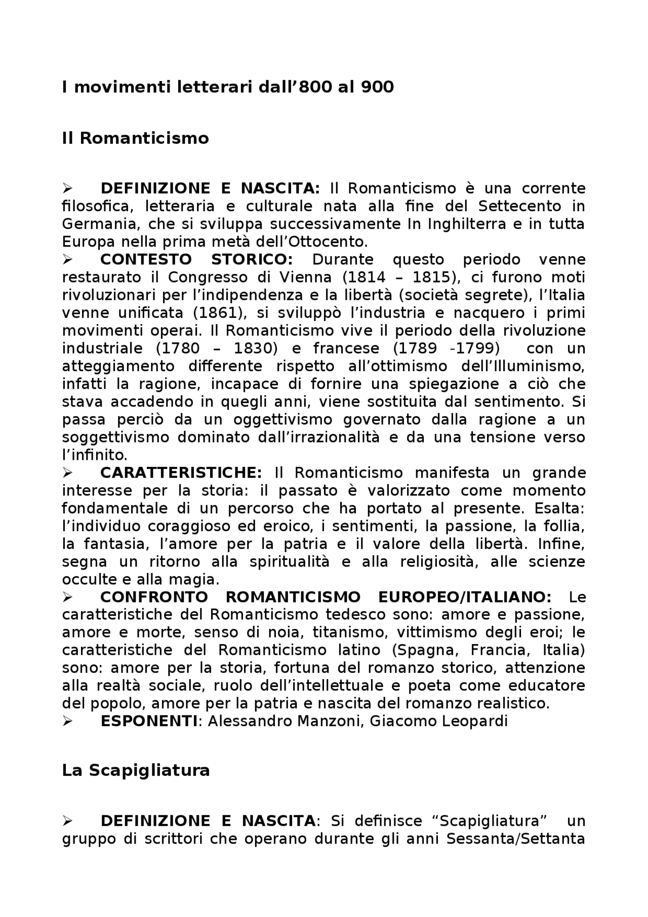 I movimenti letterari - Docsity