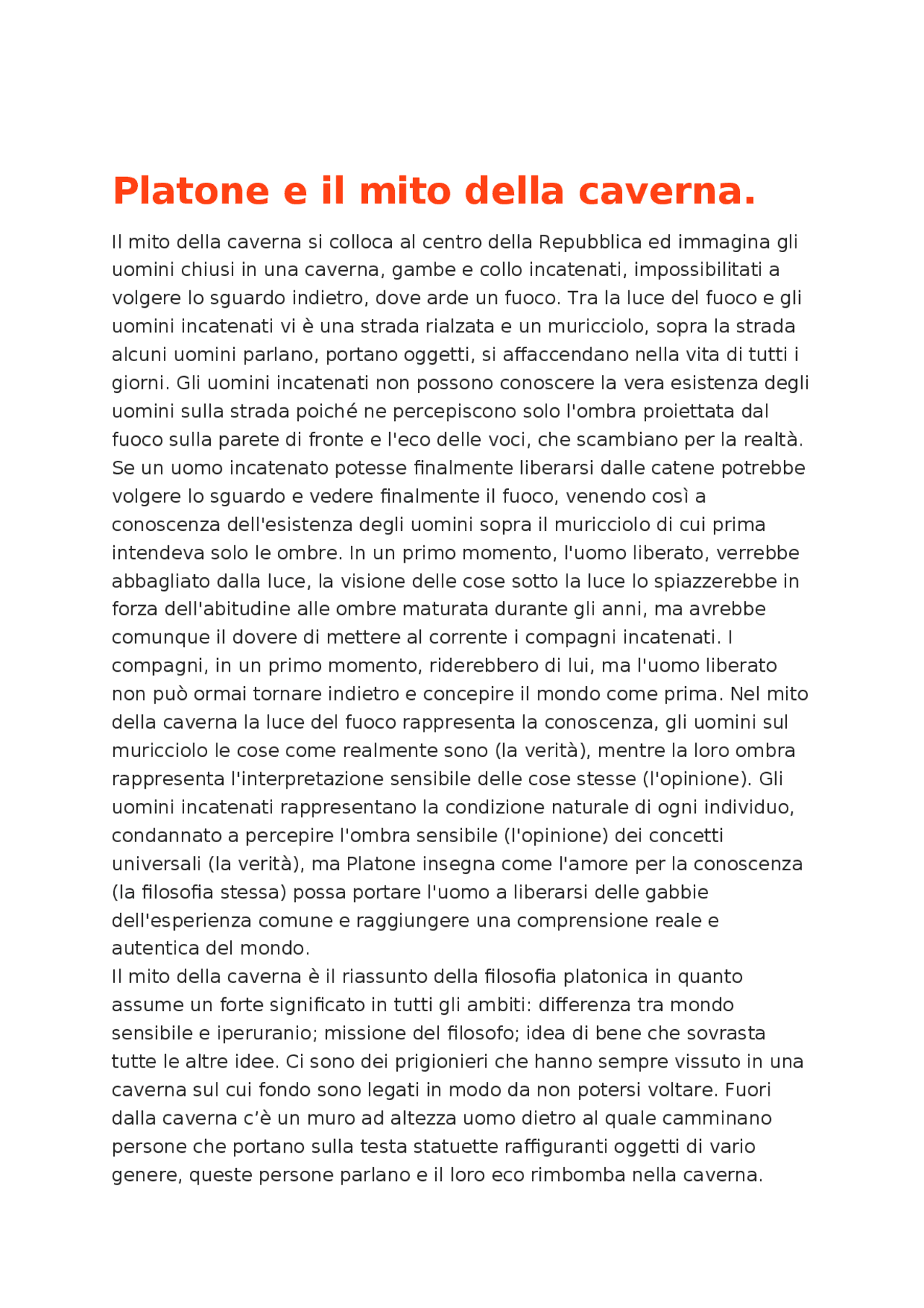 Il mito della caverna di Platone. - Docsity