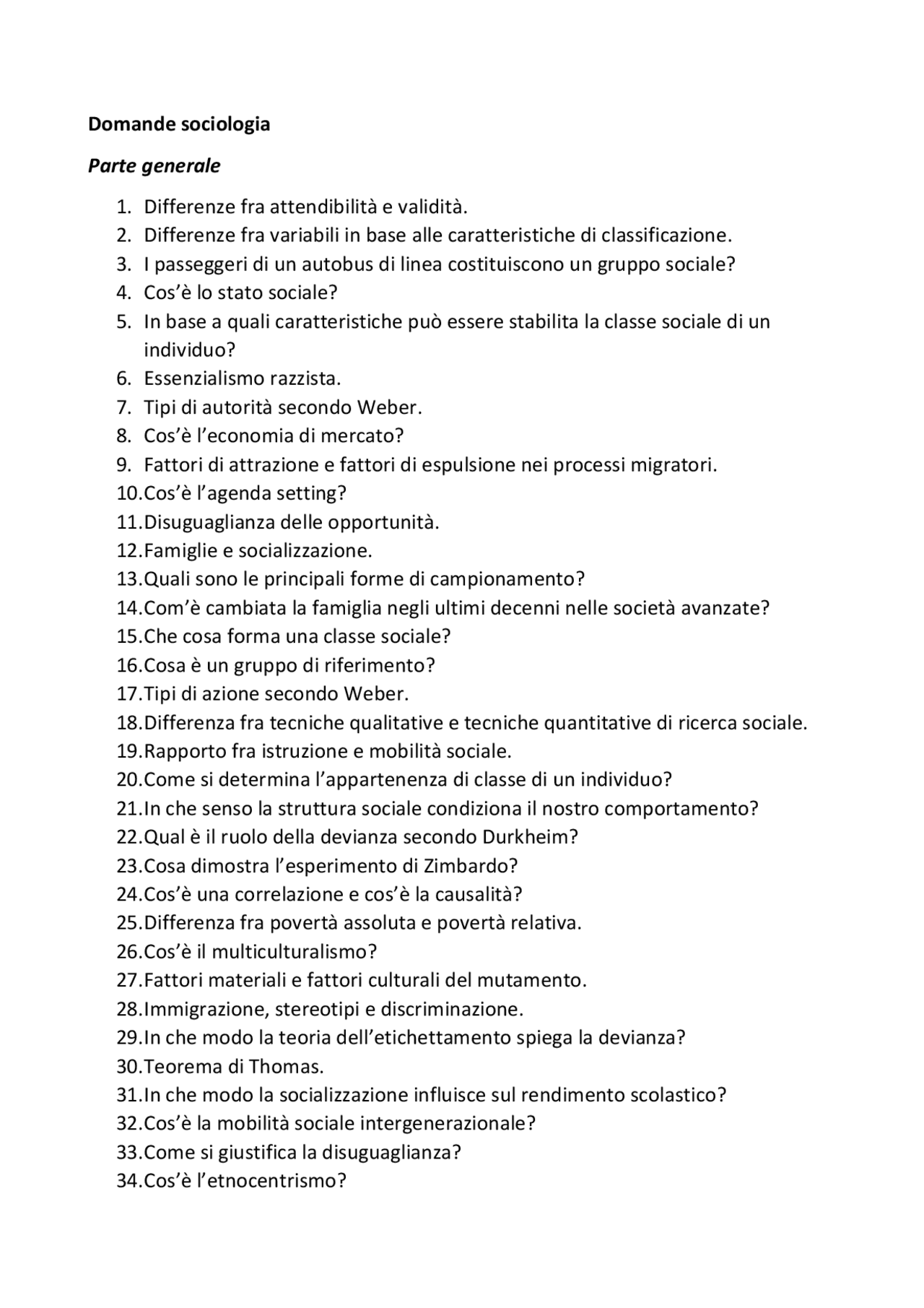Domande Di Sociologia Generale Docsity
