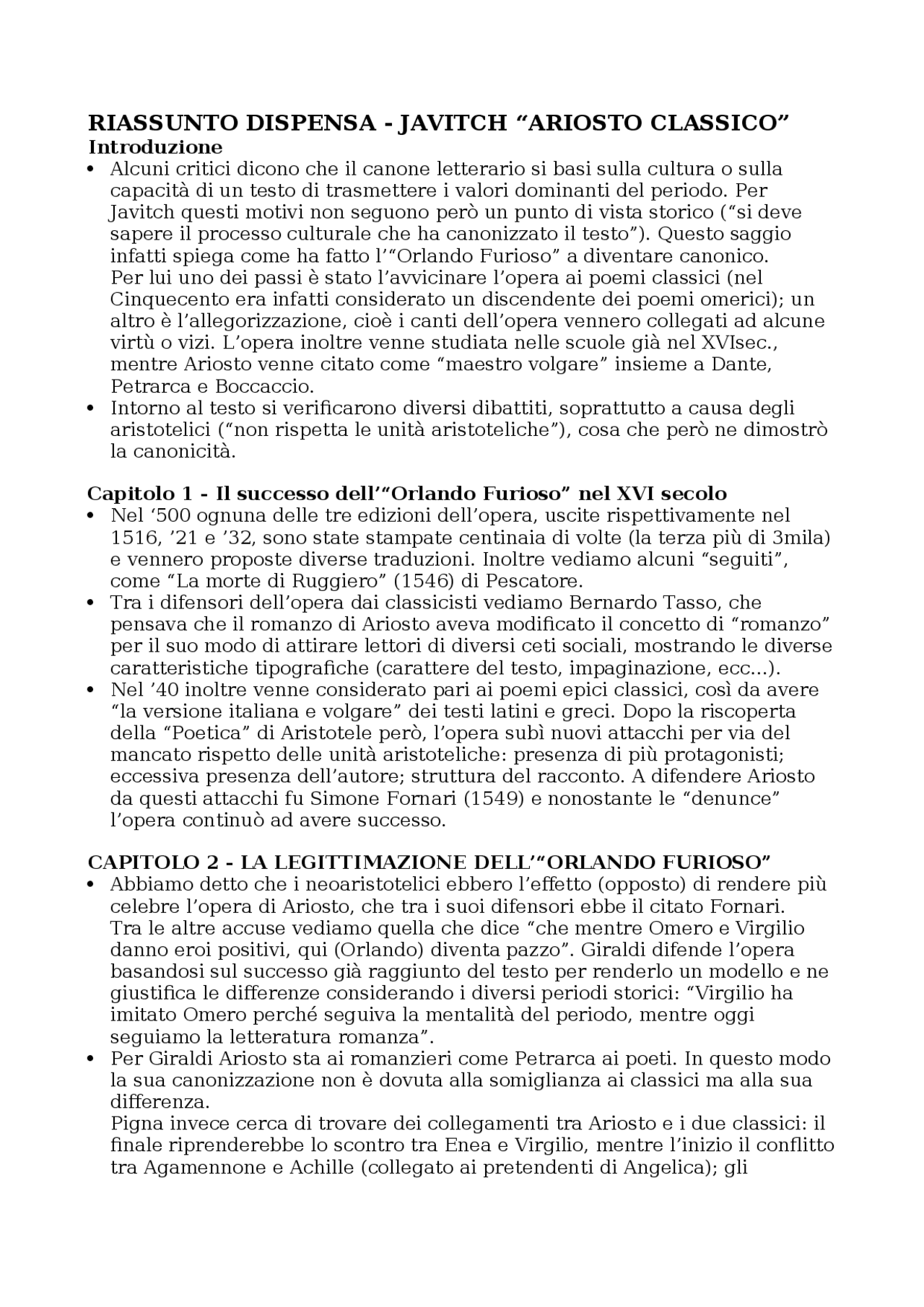 Riassunto "Javitch" - dispensa su Ariosto - Docsity