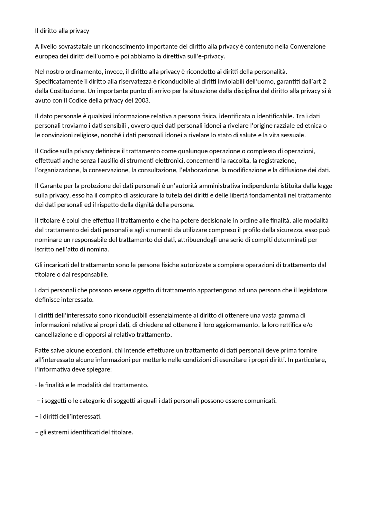 Il diritto alla privacy | Dispense di Diritto | Docsity