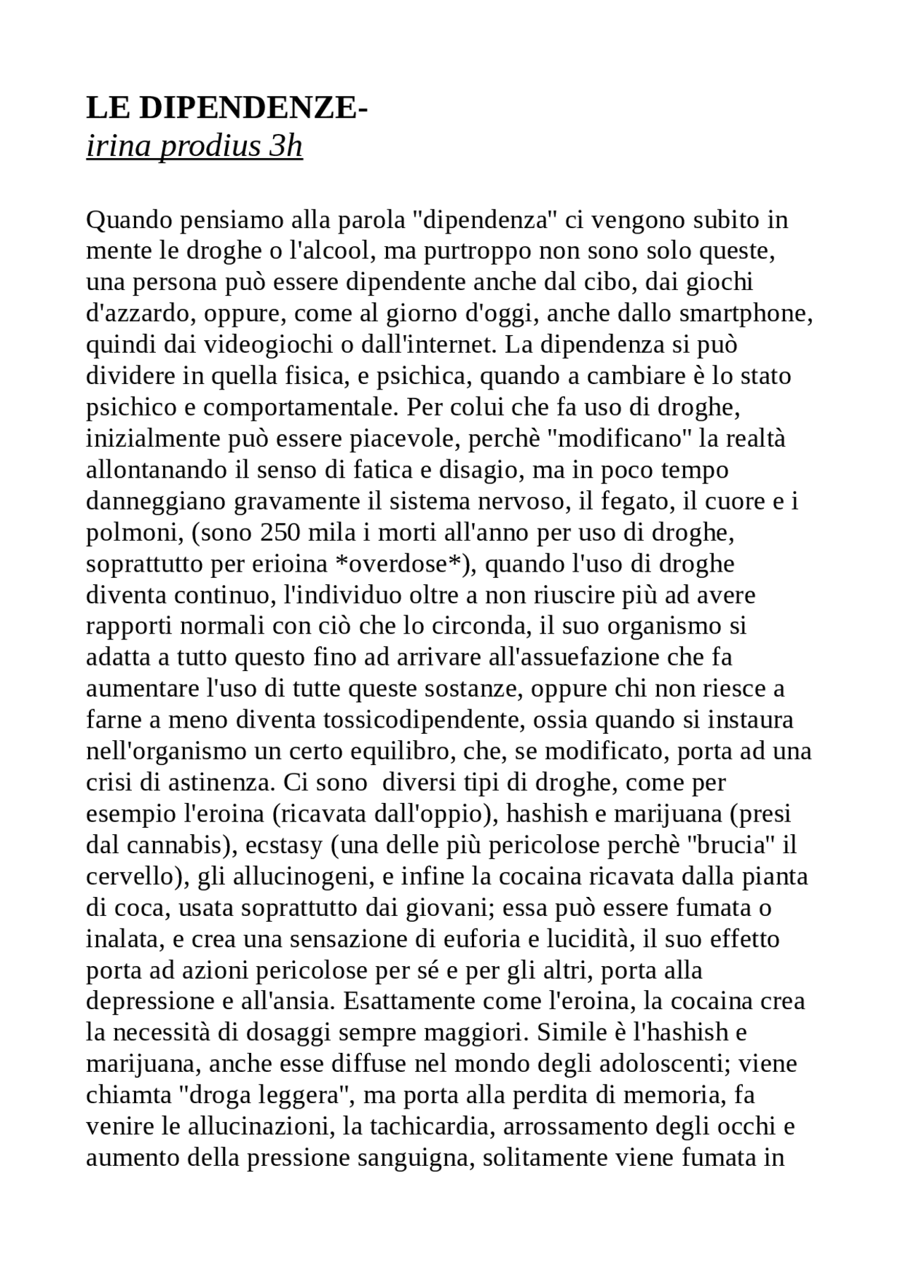 La Dipendenza Dalle Droghe Docsity