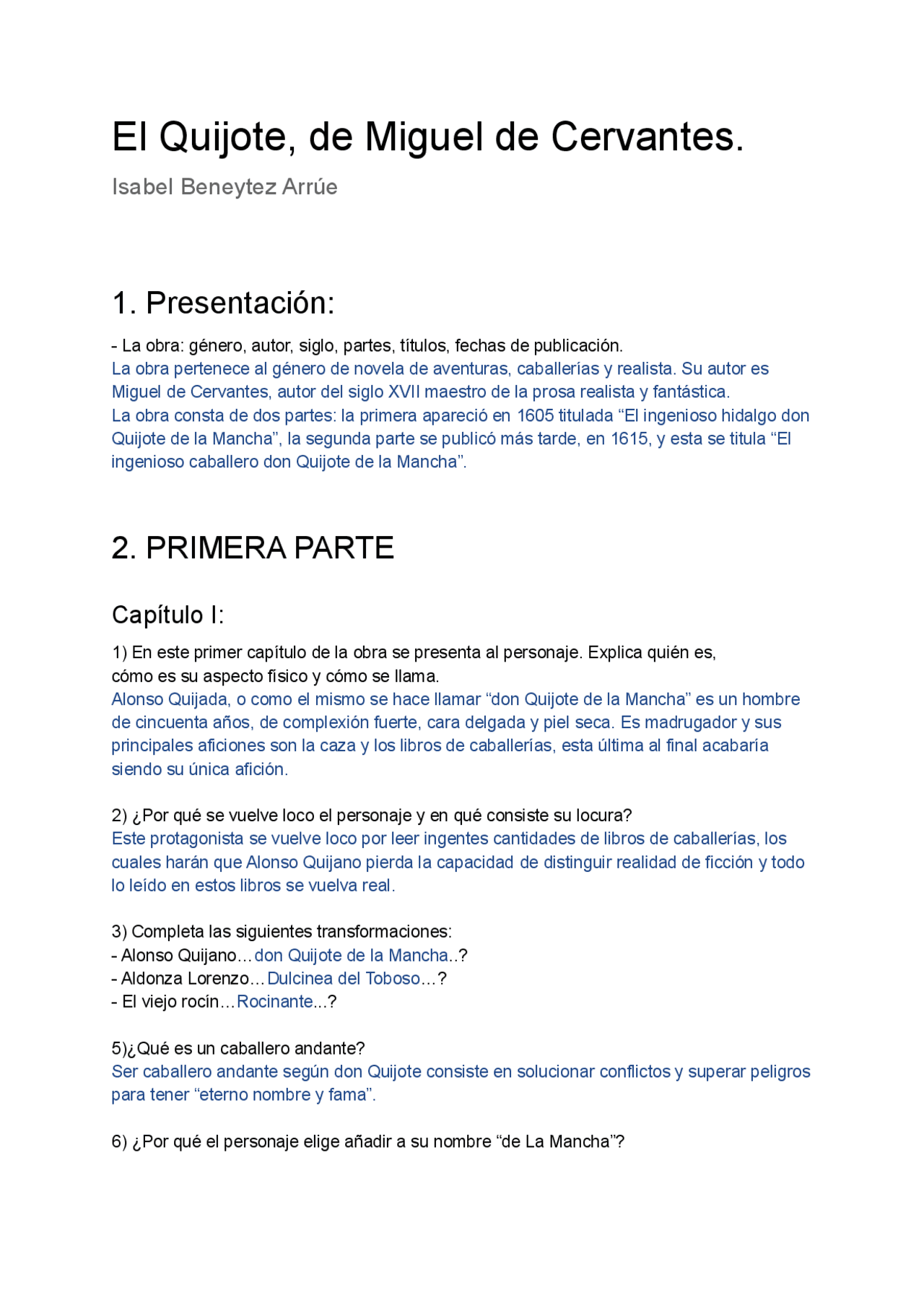 Cuestionario El Quijote | Ejercicios de Lengua y Literatura | Docsity