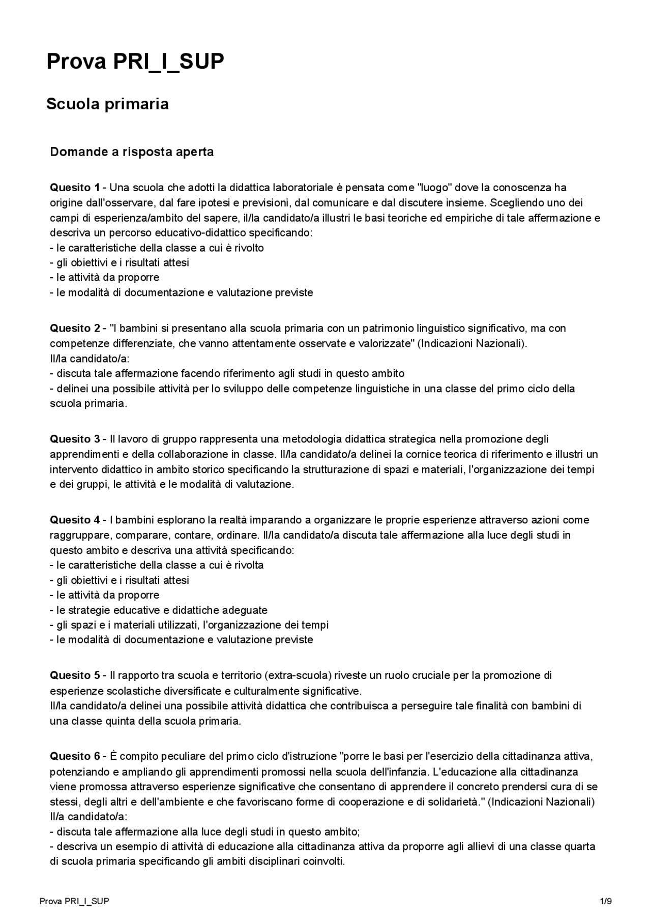 Tracce Prova Scritta Primaria Tfa Docsity