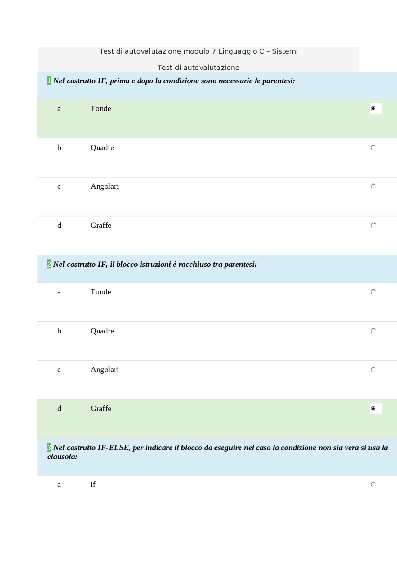 Test Autovalutazione Modulo 7 Linguaggio C Sistemi Docsity