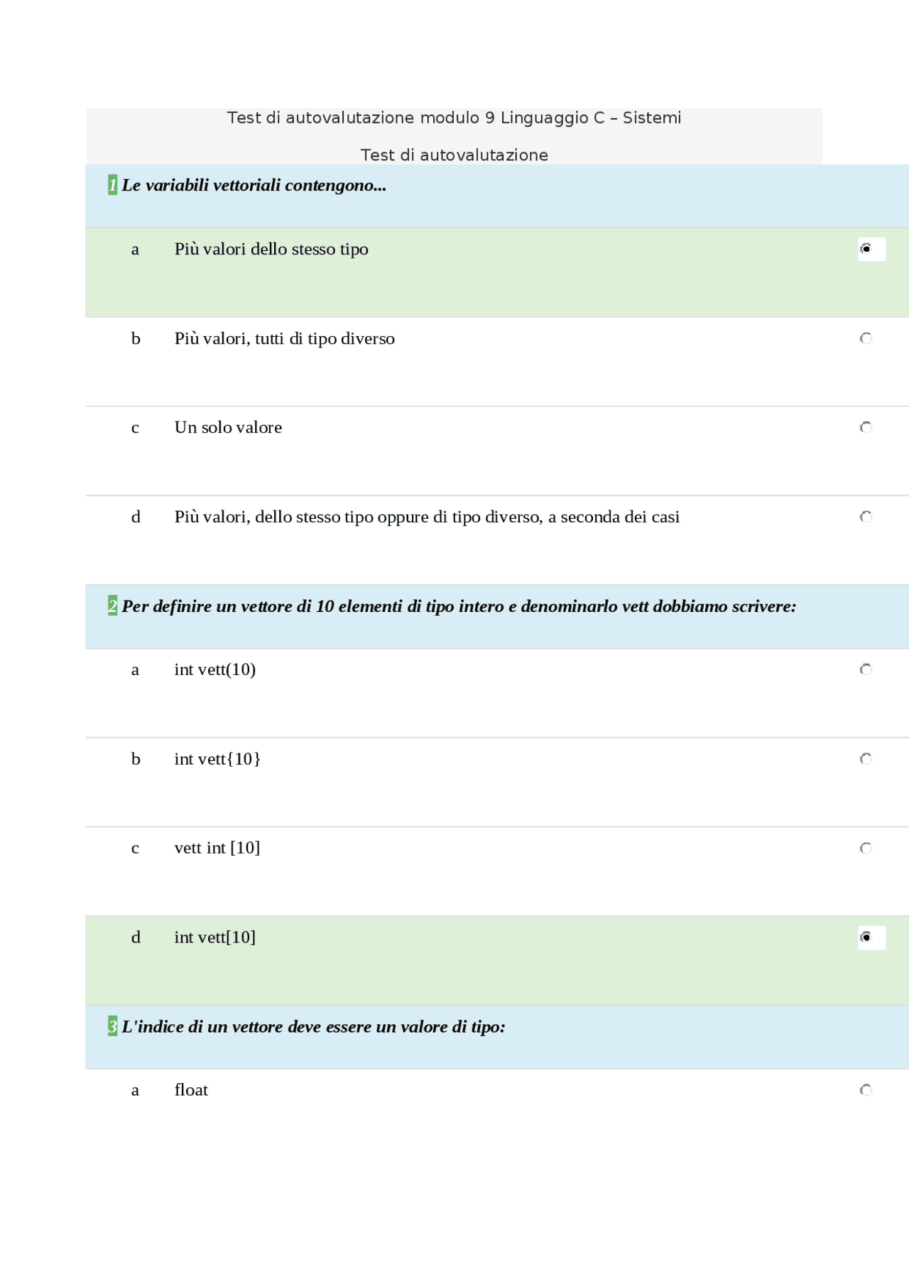Test Autovalutazione Modulo 9 Linguaggio C Sistemi Docsity