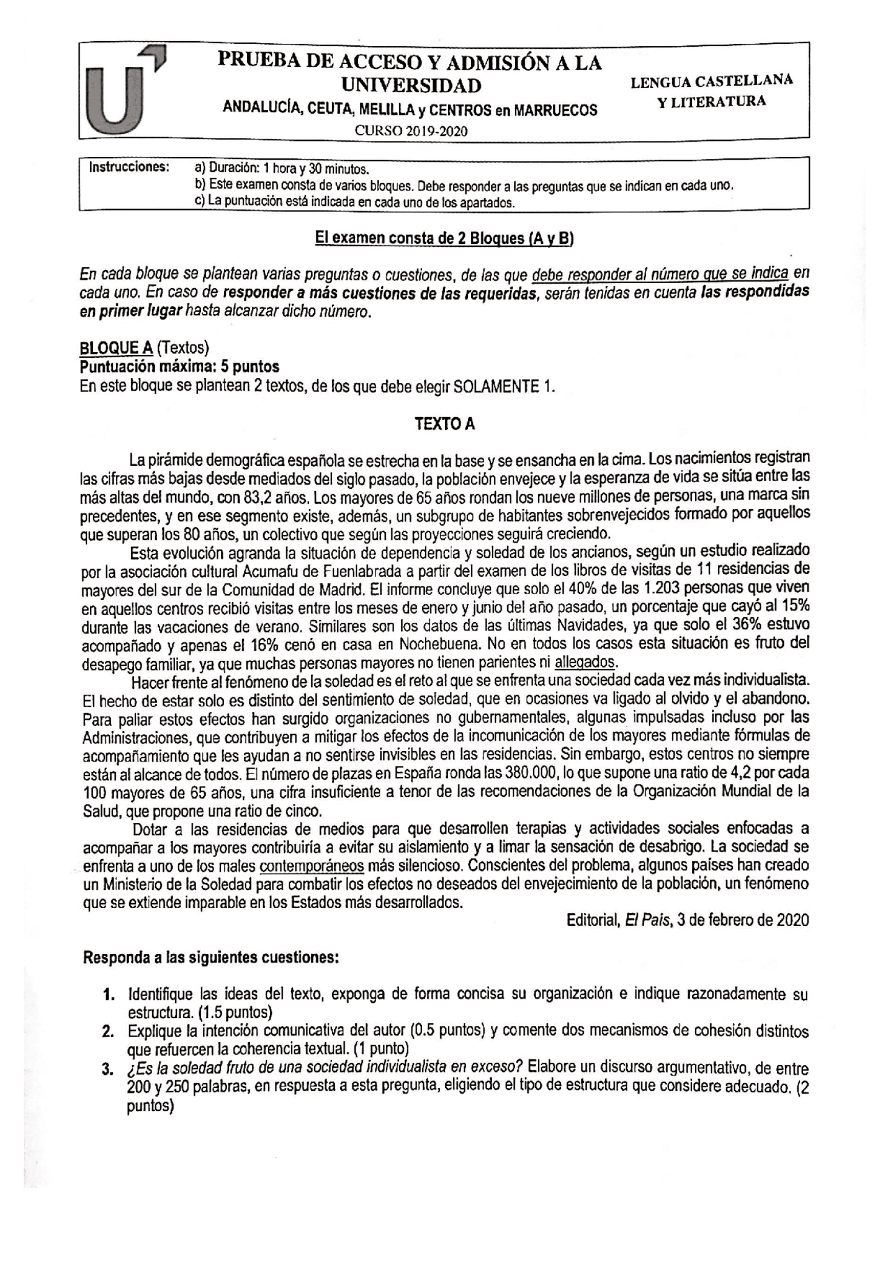 Examen Selectividad Lengua Andalucía 2020 Sin Correccion Exámenes