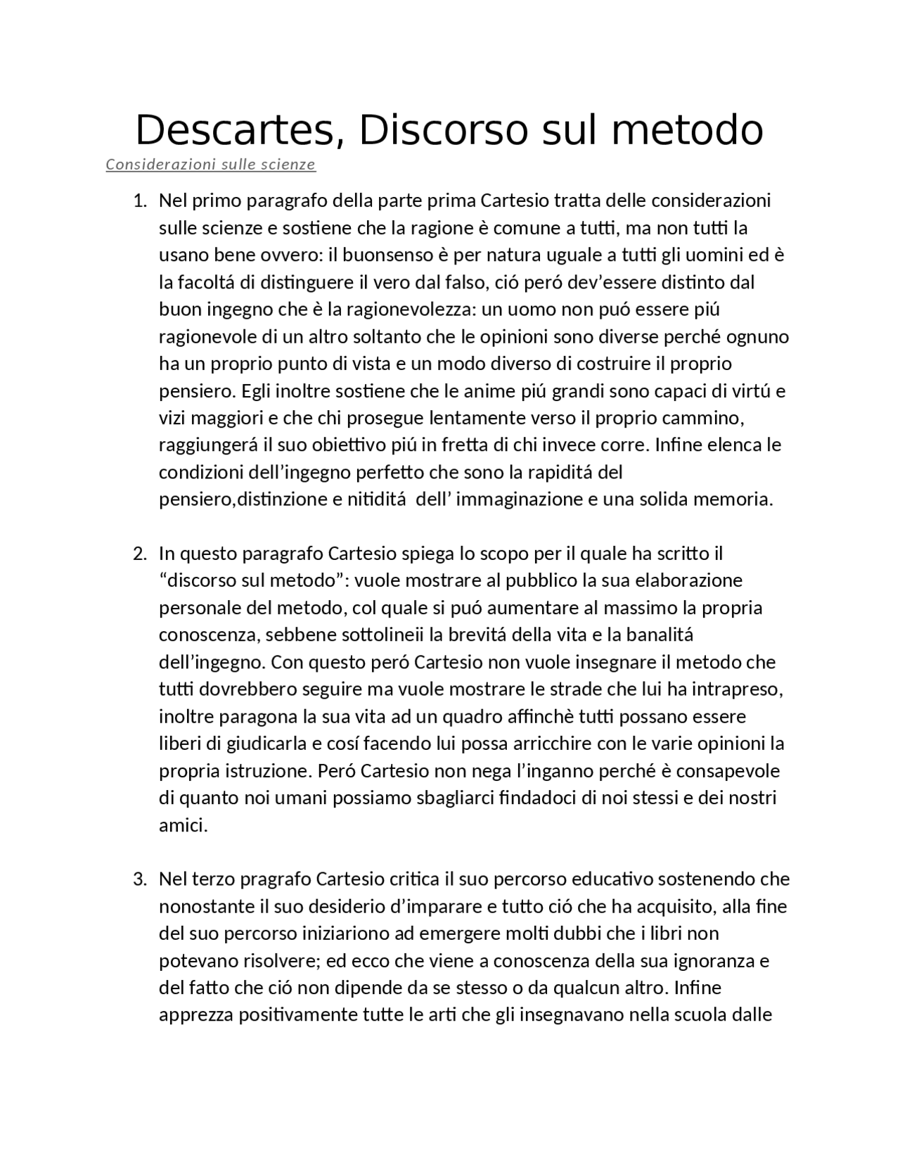 Discorso Sul Metodo Cartesio Docsity