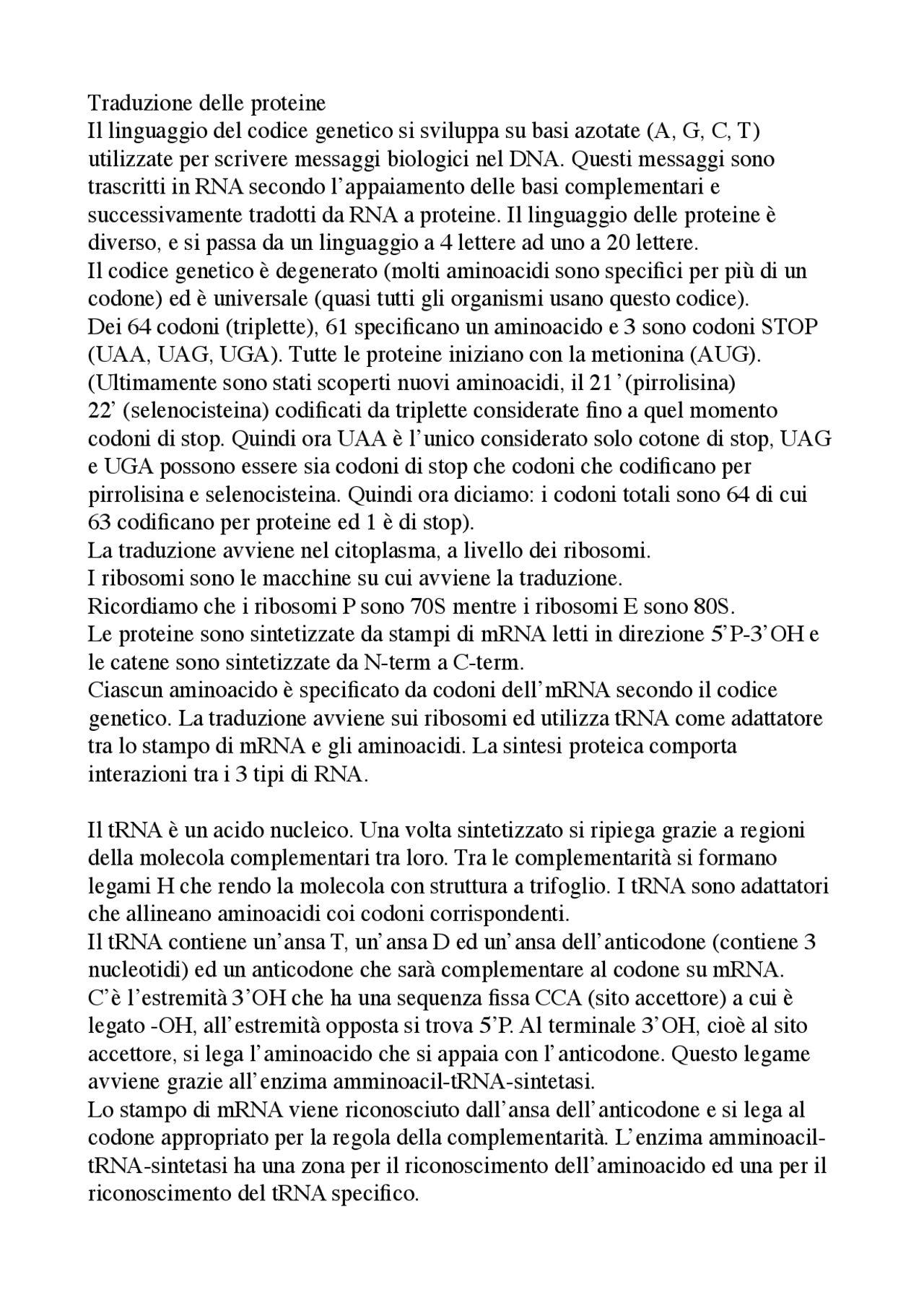 Traduzione Proteine Appunti Di Biologia Docsity
