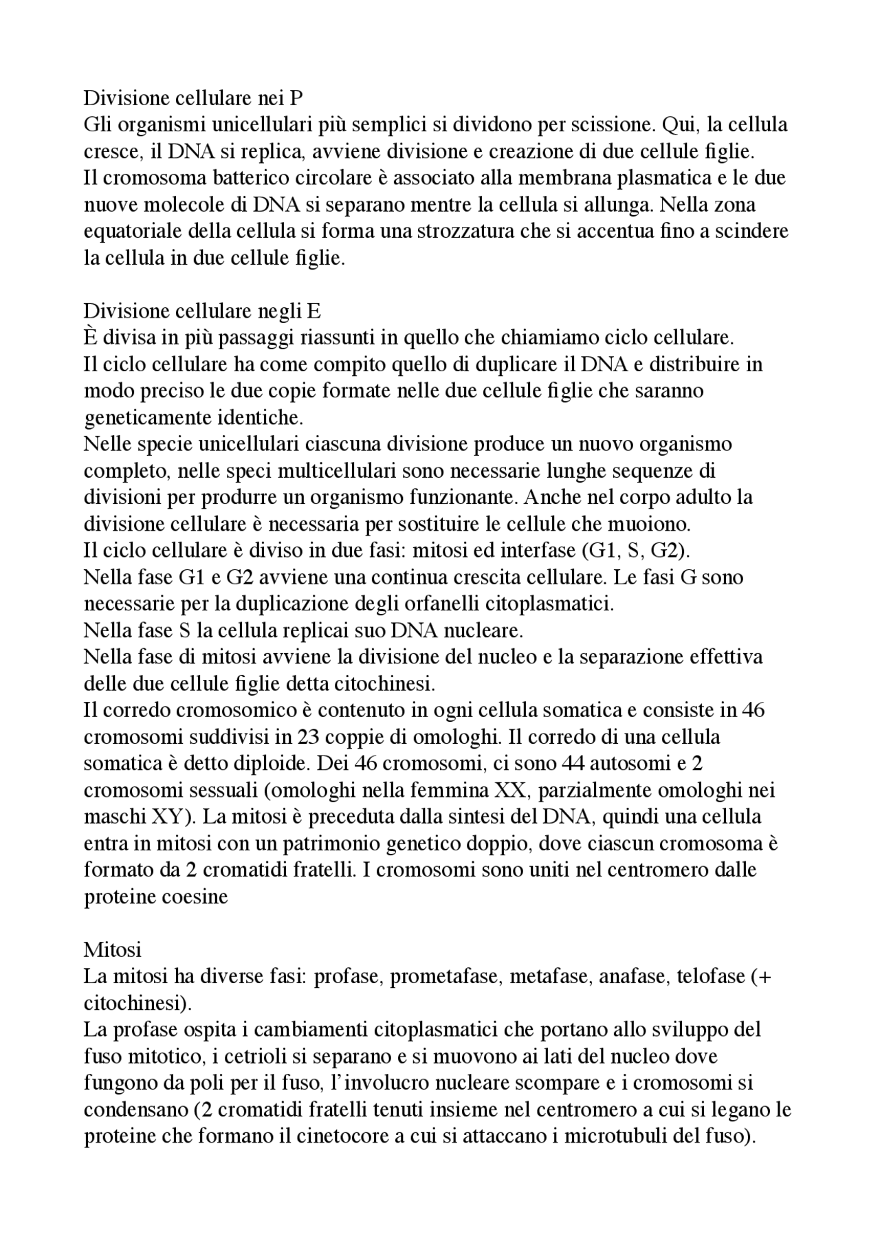 Divisione Cellulare Mitosi Meiosi Docsity