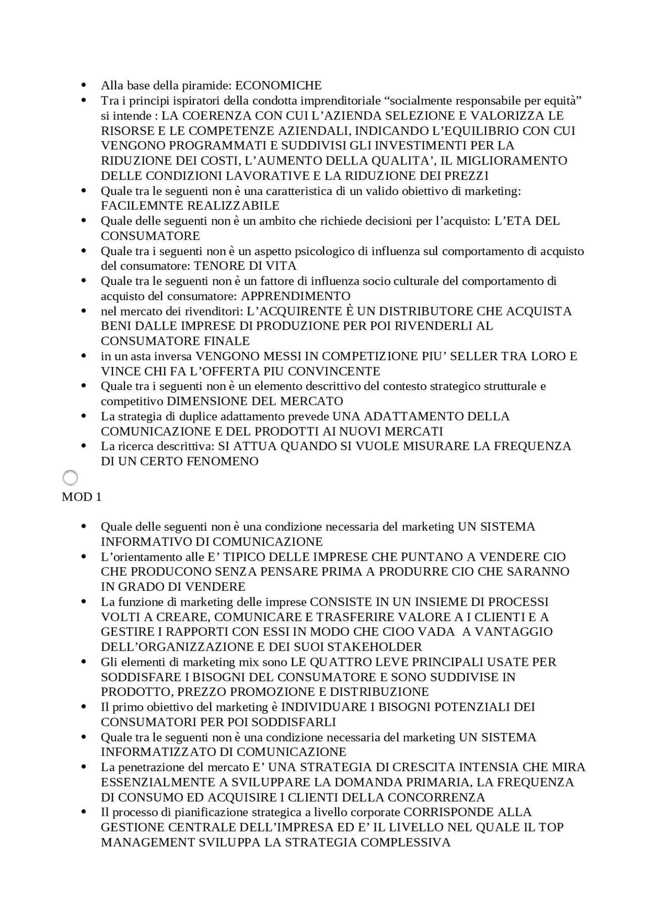 Domande Quiz Fine Modulo Marketing Docsity