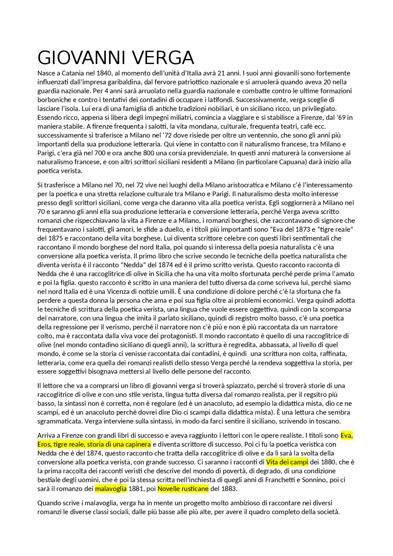 Giovanni Verga vita e opere - Docsity