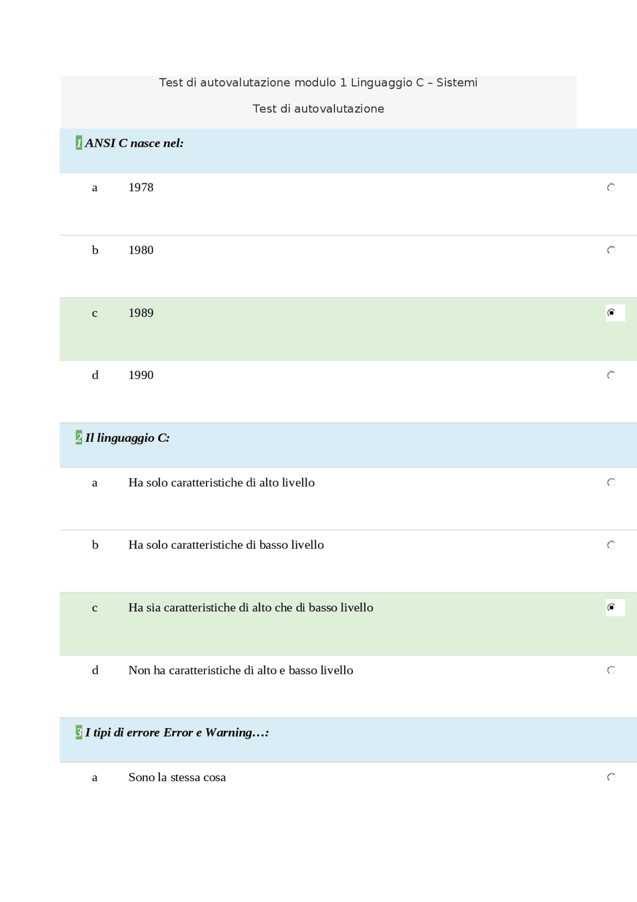 Test Autovalutazione Modulo 1 Linguaggio C Sistemi Docsity