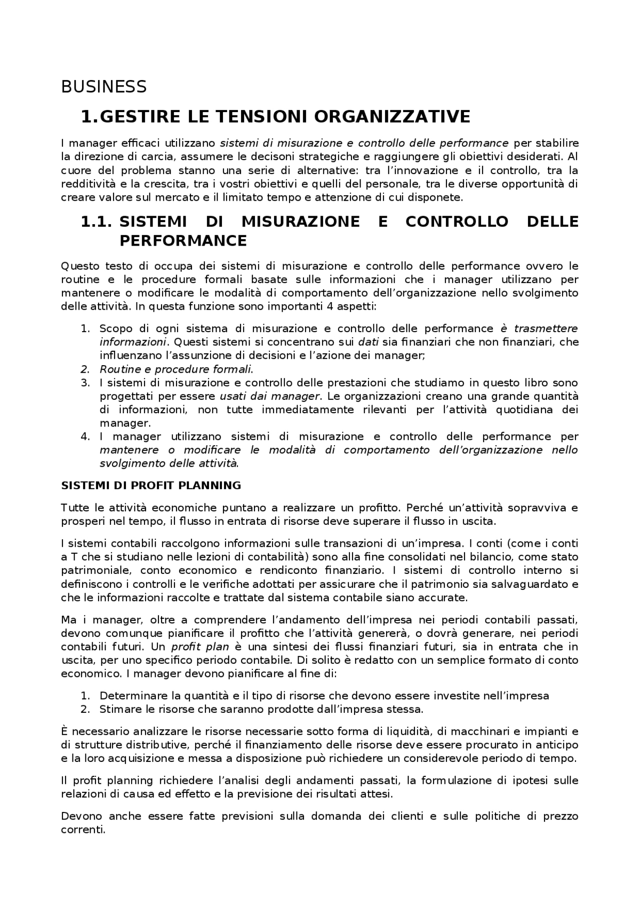 Prima Parte Sistemi Di Controllo E Misure Di Performance Docsity
