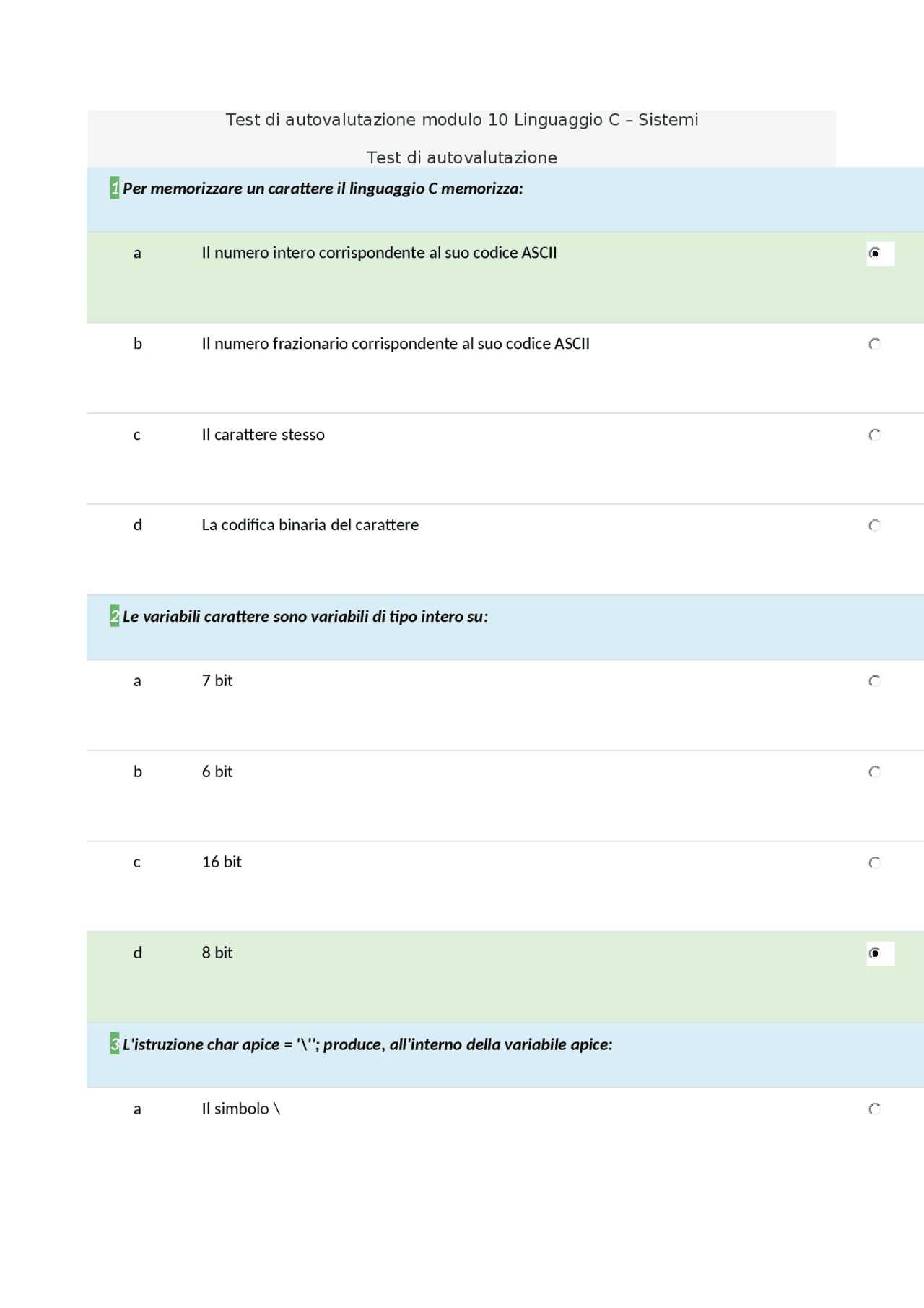 Test Autovalutazione Modulo 10 Linguaggio C Sistemi Docsity