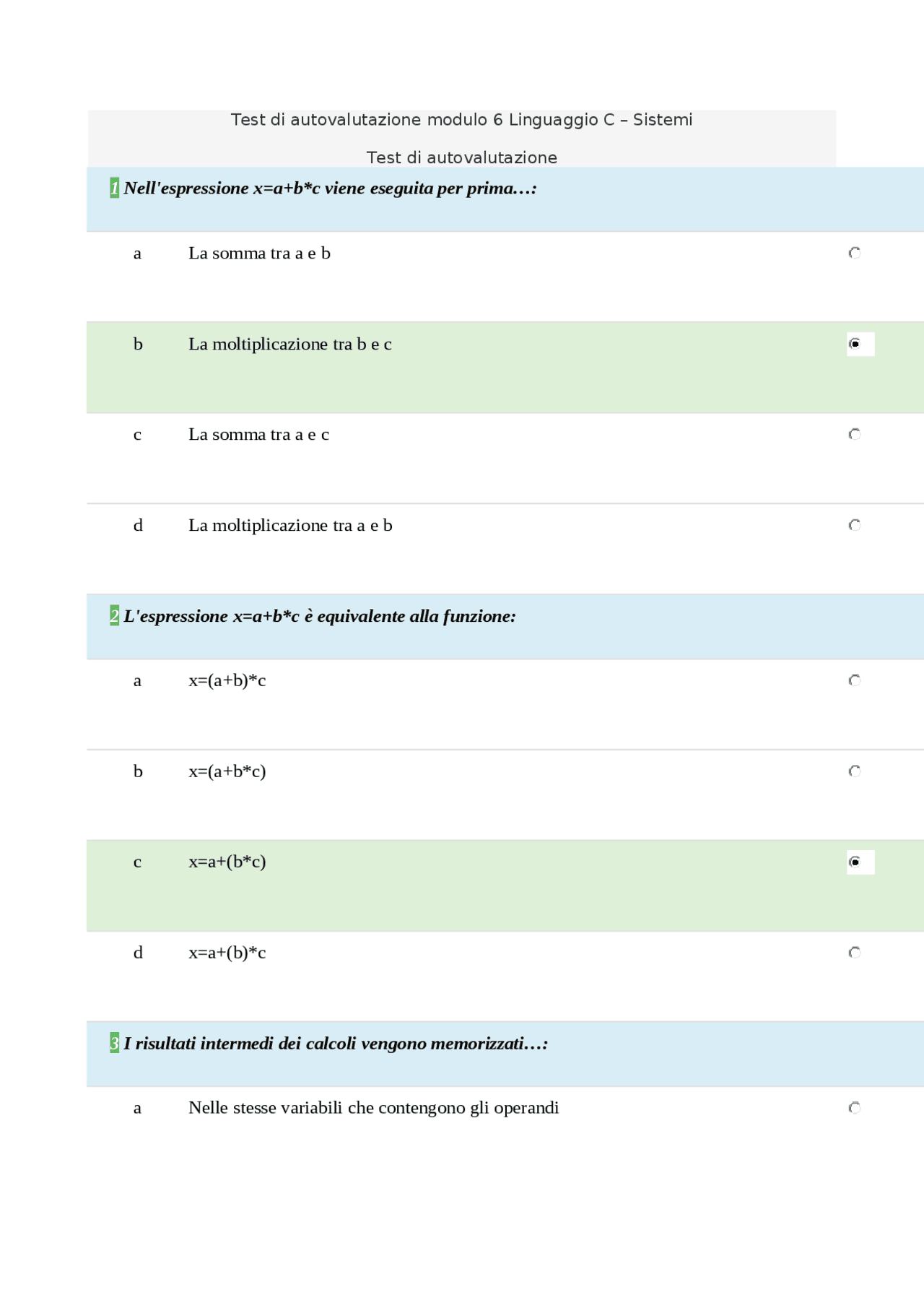 Test Autovalutazione Modulo 6 Linguaggio C Sistemi Docsity