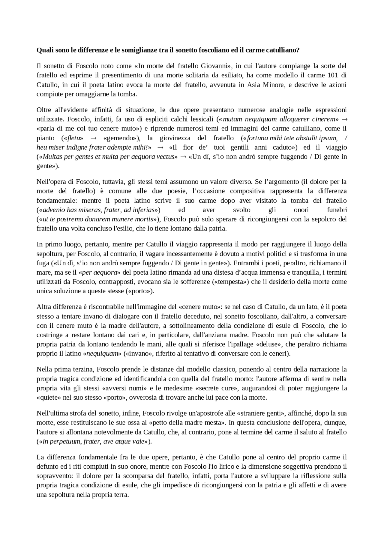 In Morte Del Fratello Giovanni Confronto Con Catullo Docsity