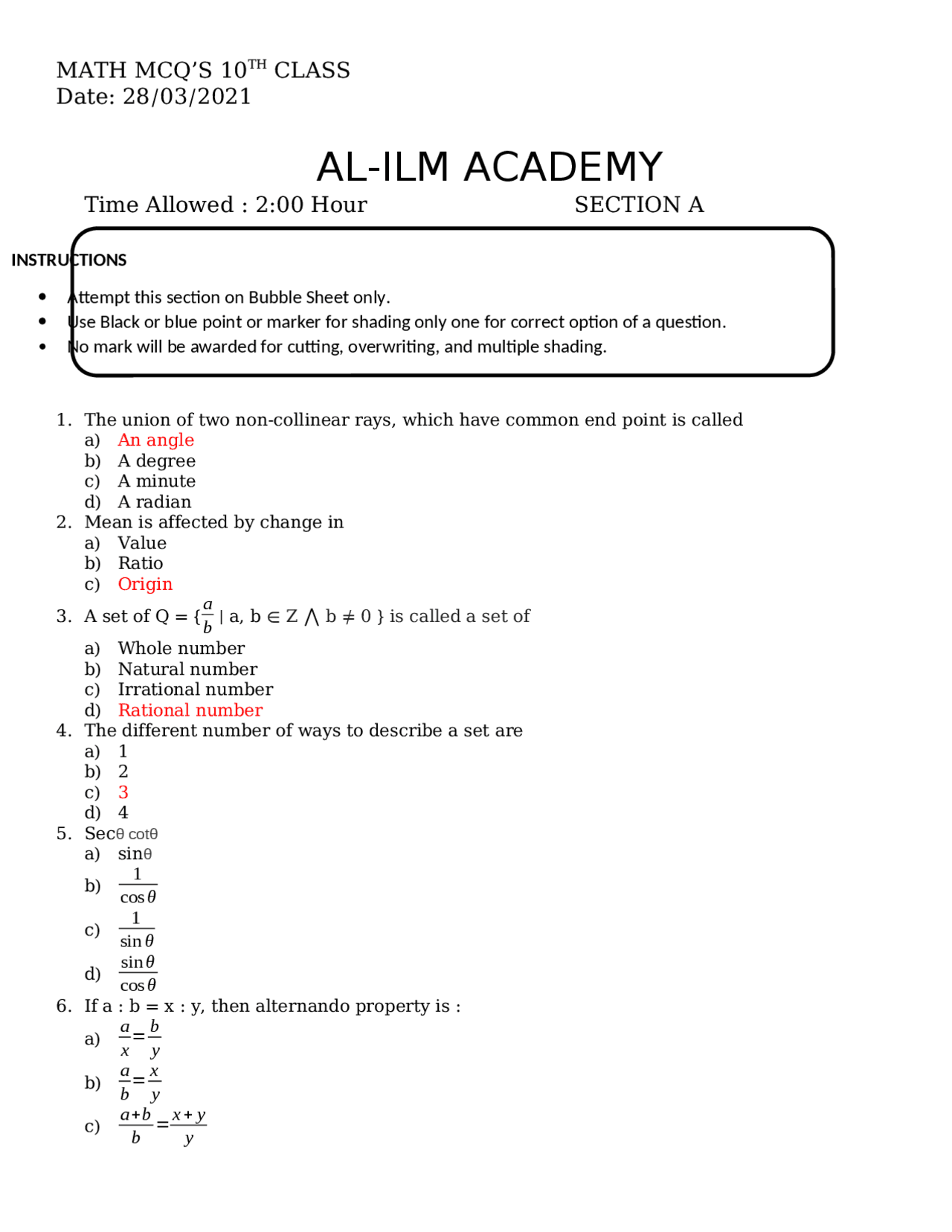 10th grade math MCQs | Exercises Mathematics | Docsity