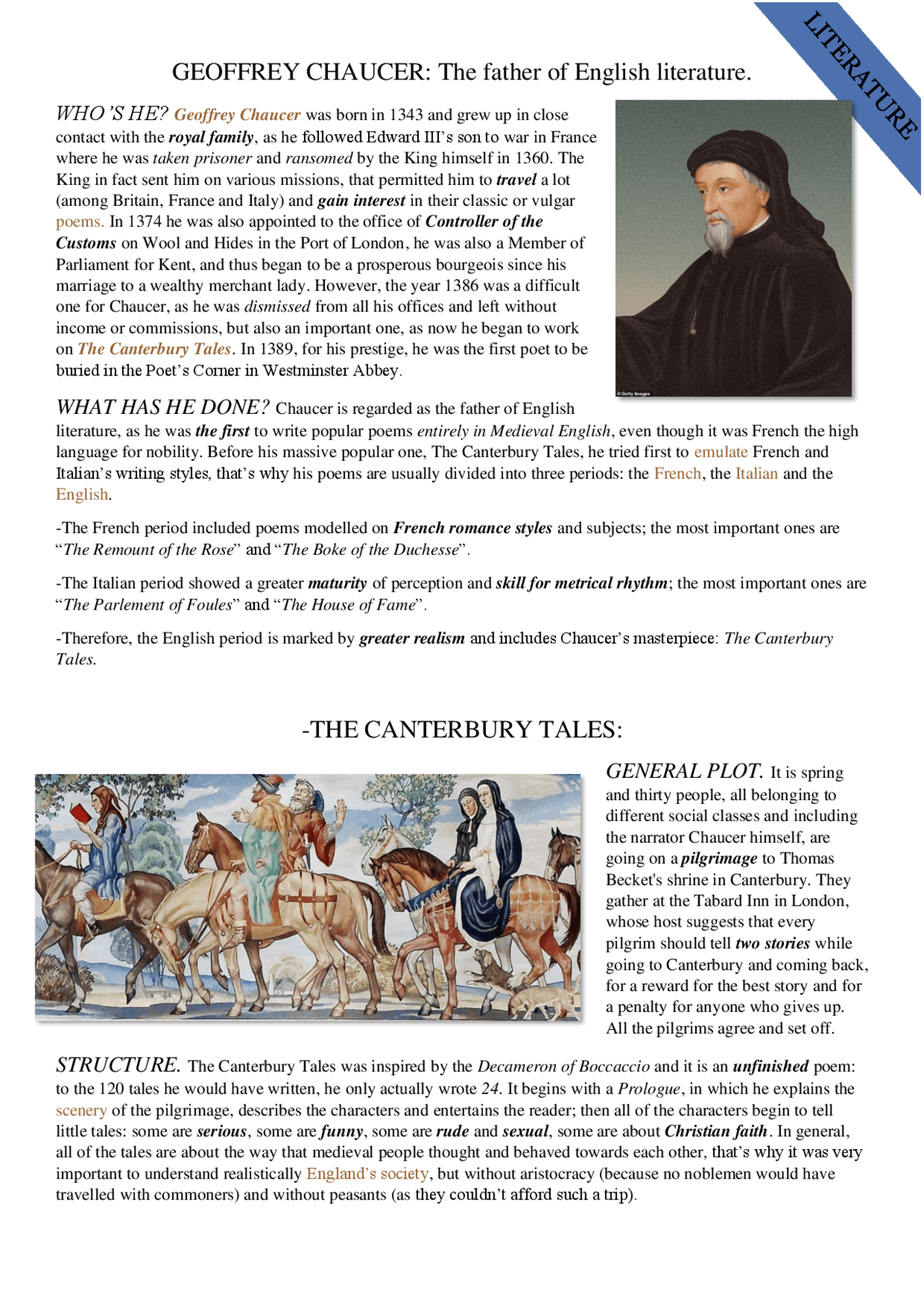 GEOFFREY CHAUCER AND THE CANTERBURY TALES - Letteratura Inglese - Docsity