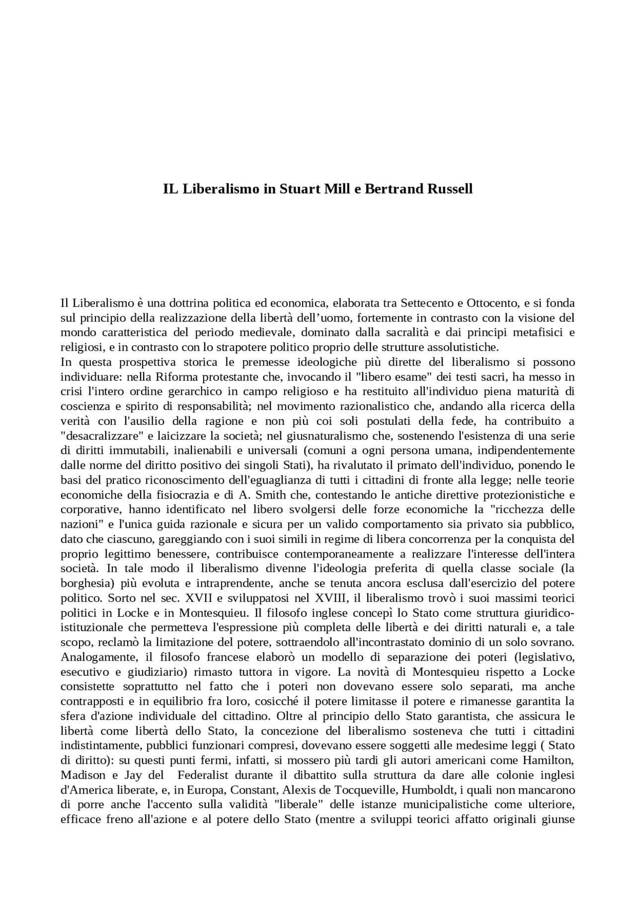 IL Liberalismo in Stuart Mill e Bertrand Russell - Docsity