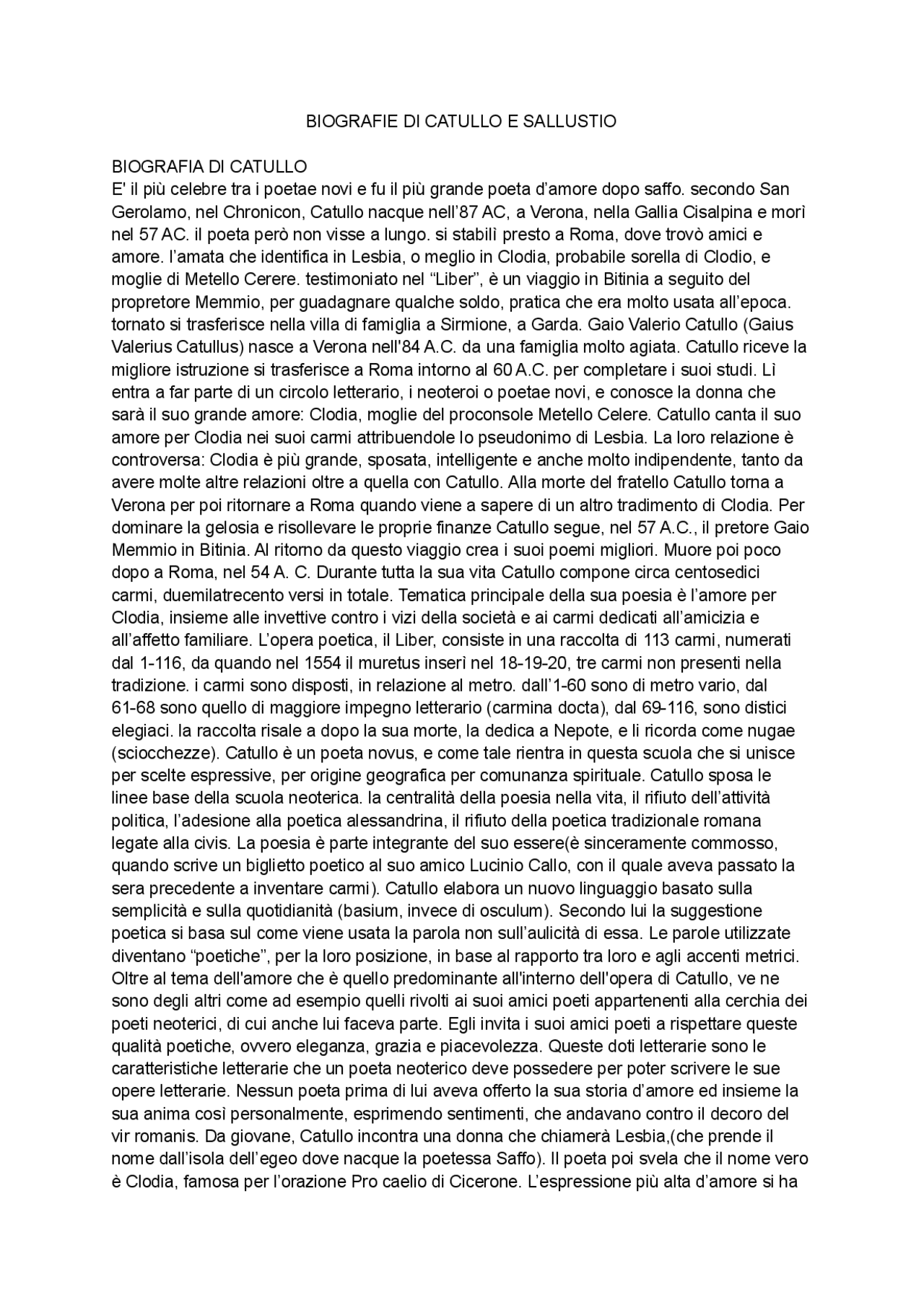Biografie Catullo E Sallustio Docsity