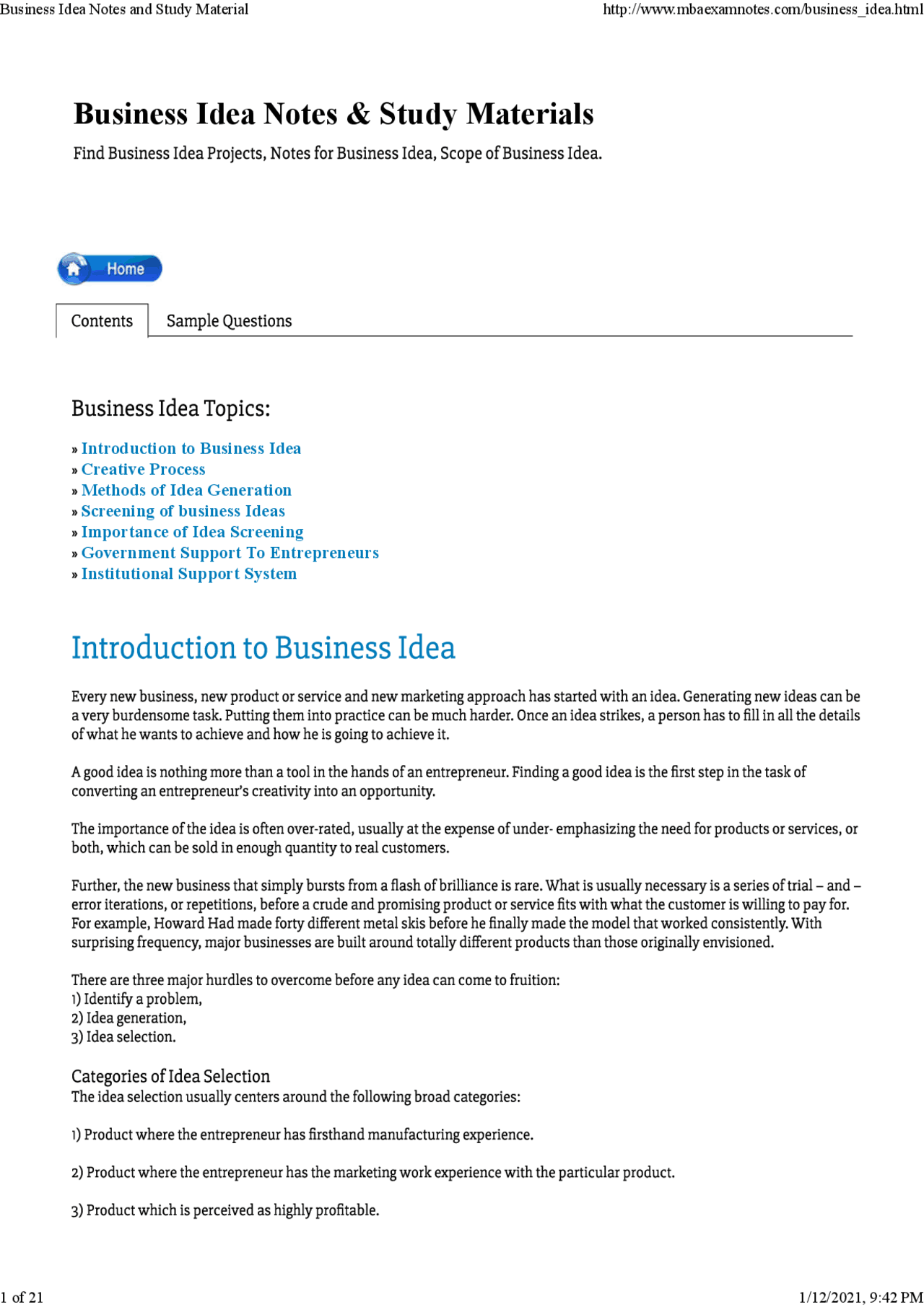 Business idea Notes and Study Material - Docsity