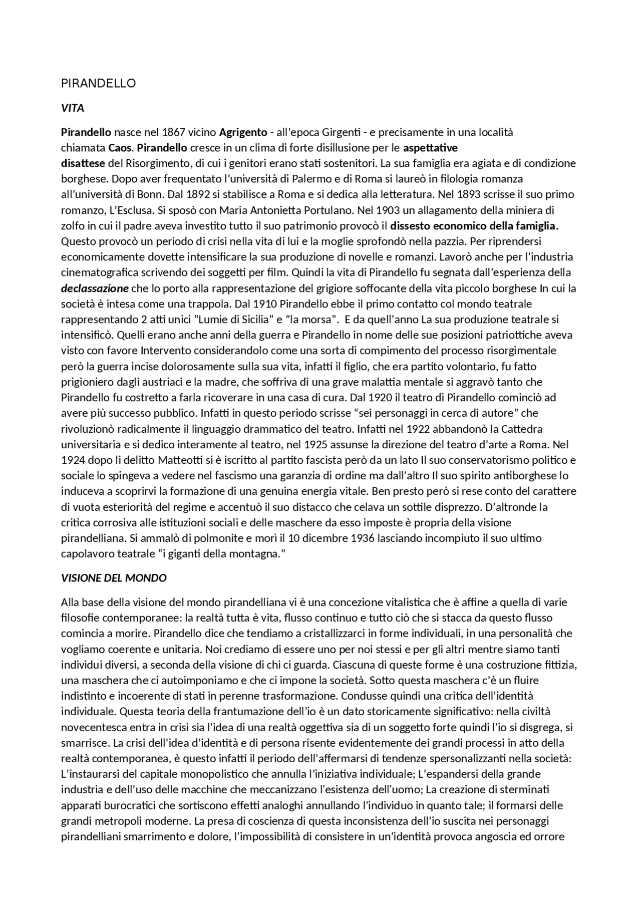 Luigi Pirandello Riassunto Docsity