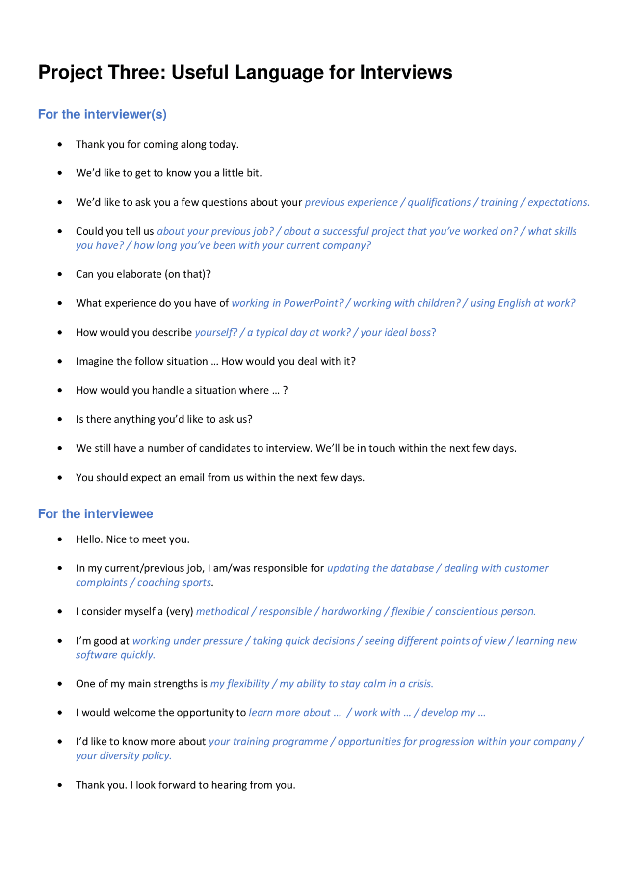 Useful vocabulary for an interview - Docsity
