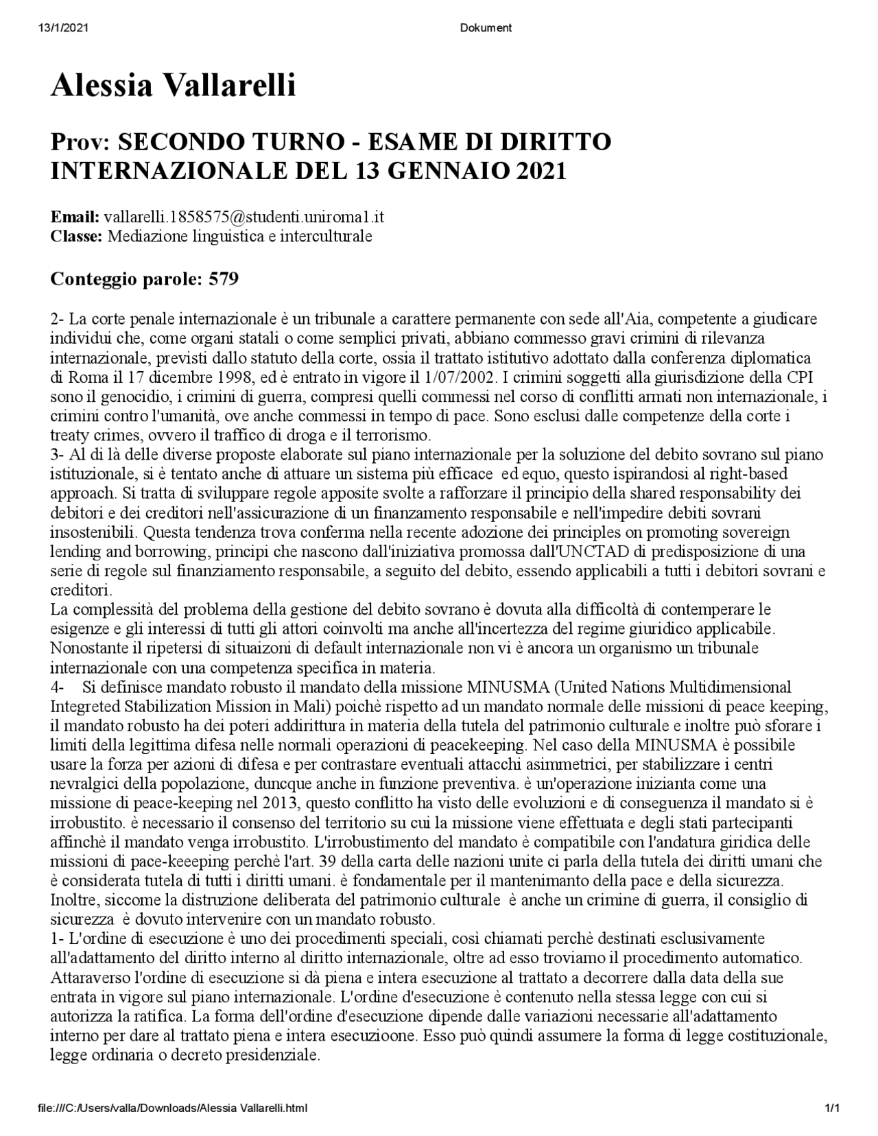 Esame Diritto internazionale prof Fabbricotti | Prove d'esame di Diritto Internazionale | Docsity